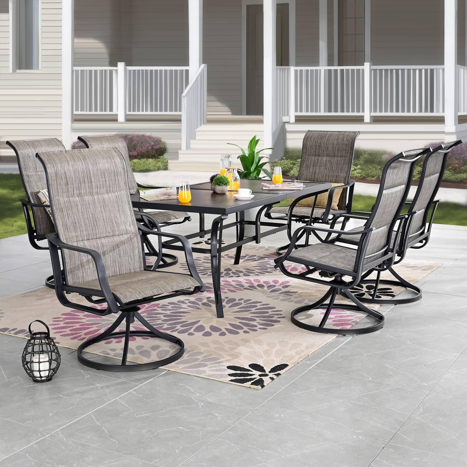 PatioFestival Patio Dining Set 7 Pieces Metal Outdoor Furniture Sets with Swivel Chairs Rectangular Outdoor Table (Grey)