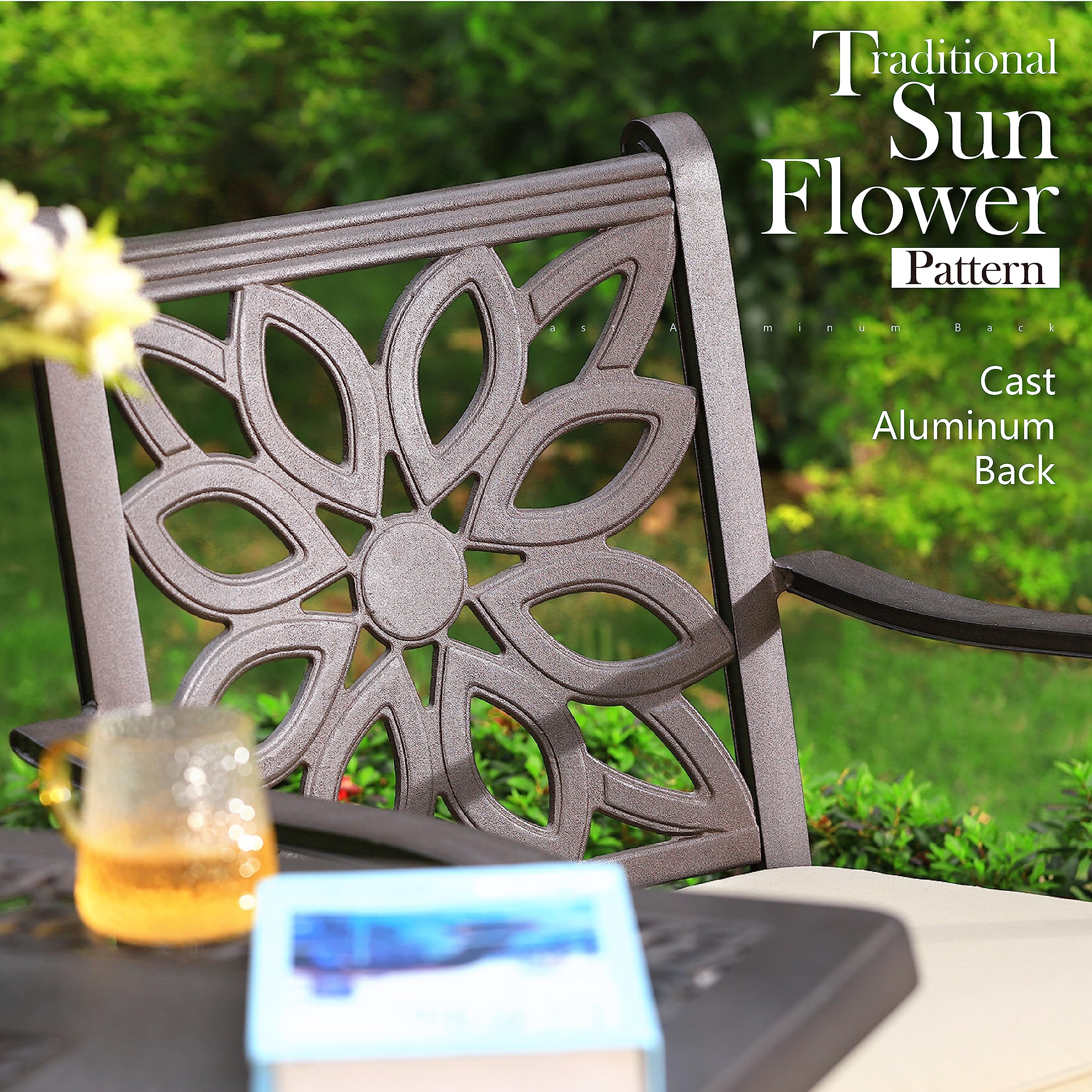 PHI VILLA Patio Furniture Set, Brown 3Pcs Cast Aluminum High Top Table and Swivel Bar Stools with Cushion, Pub Bistro Set for Outdoor