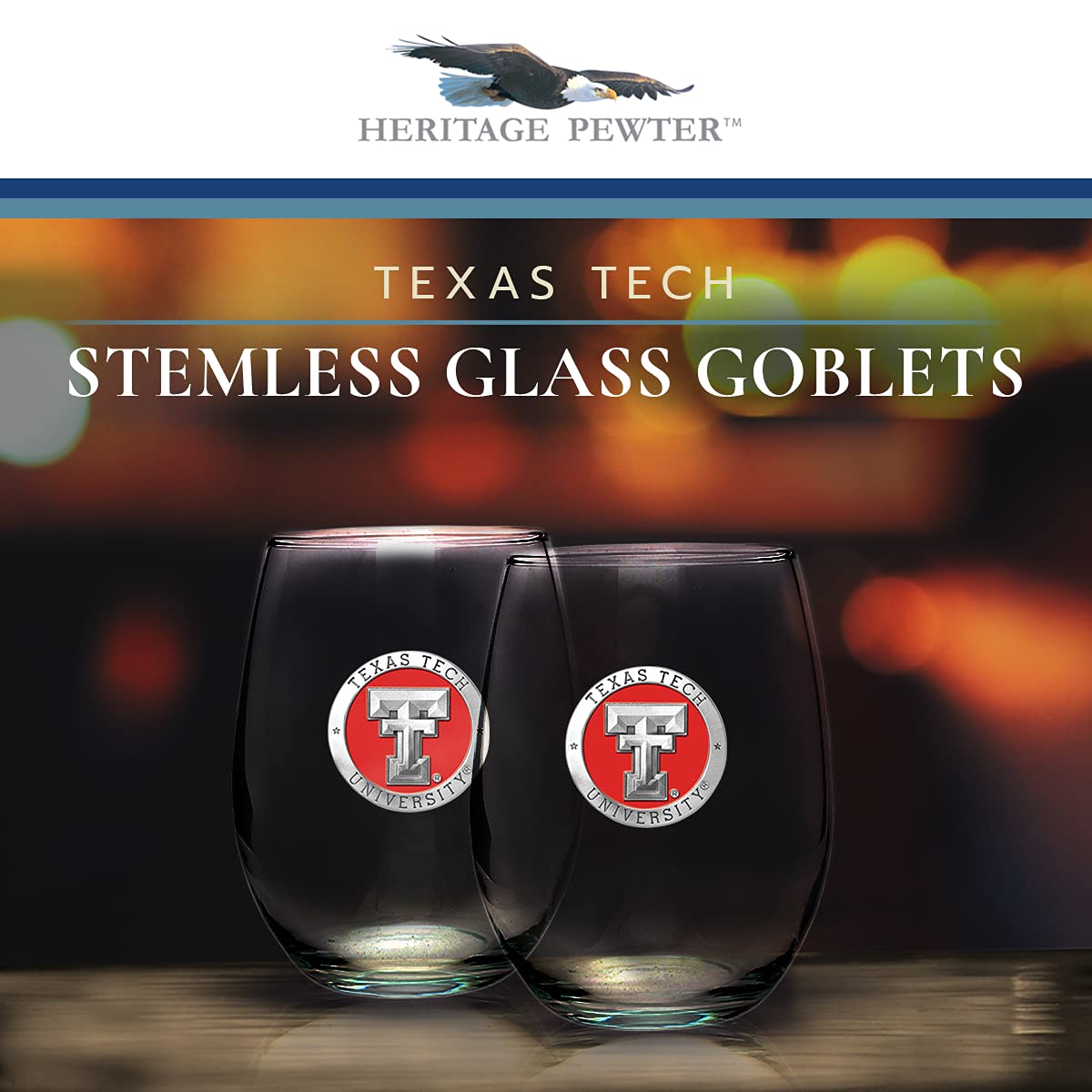 Heritage Pewter Texas Tech Red Raiders Stemless Glass Goblets β Set of 2 | 15 OZ Goblet Wine Glasses | Expertly Crafted Pewter Glass