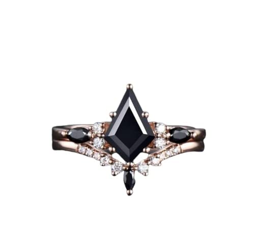 kite cut Black onyx ring set rose gold unique engagement ring set moissanite ring marquise cut black spinel ring black stone ring for women (rose gold, 5)