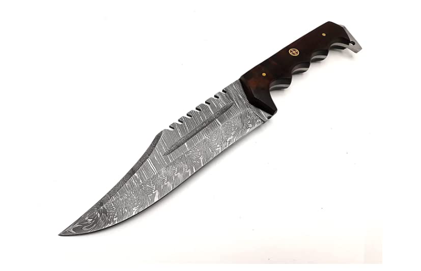 Handmade Damascus steel Hunting Knife with sheath,Fixed blade Bowie knife for Survival, Ergonomic Walnut wood handle | 12-inch Handmade Damascus Horizontal carry knife for men