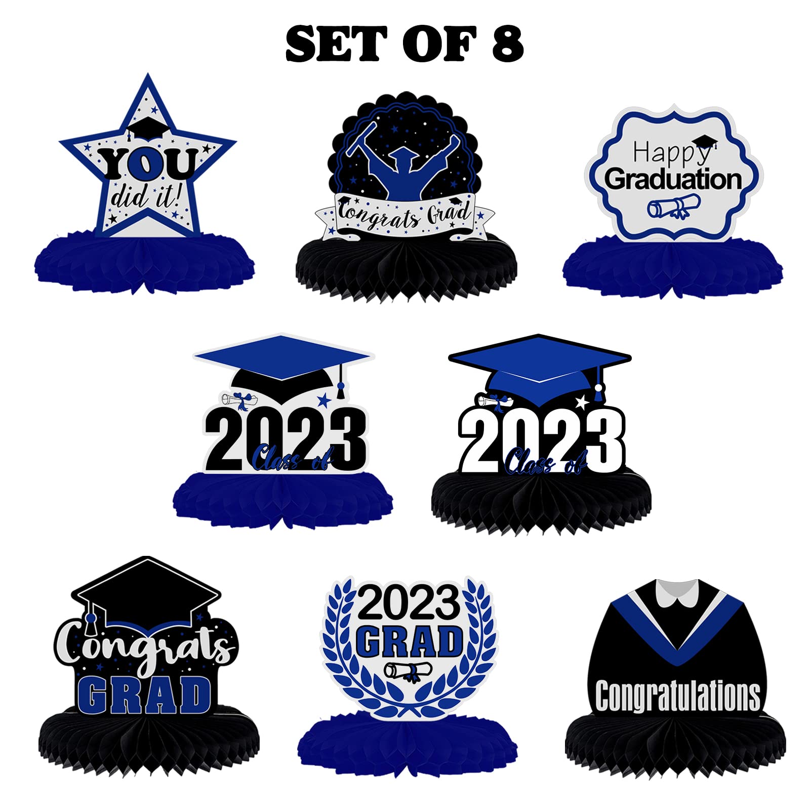 LINGTEER Congrats Grad,Class of 2023 Graduation Table Honeycomb Centerpieces - 8 pcs 2023 Graduation Party Decorations Sign - Blue.