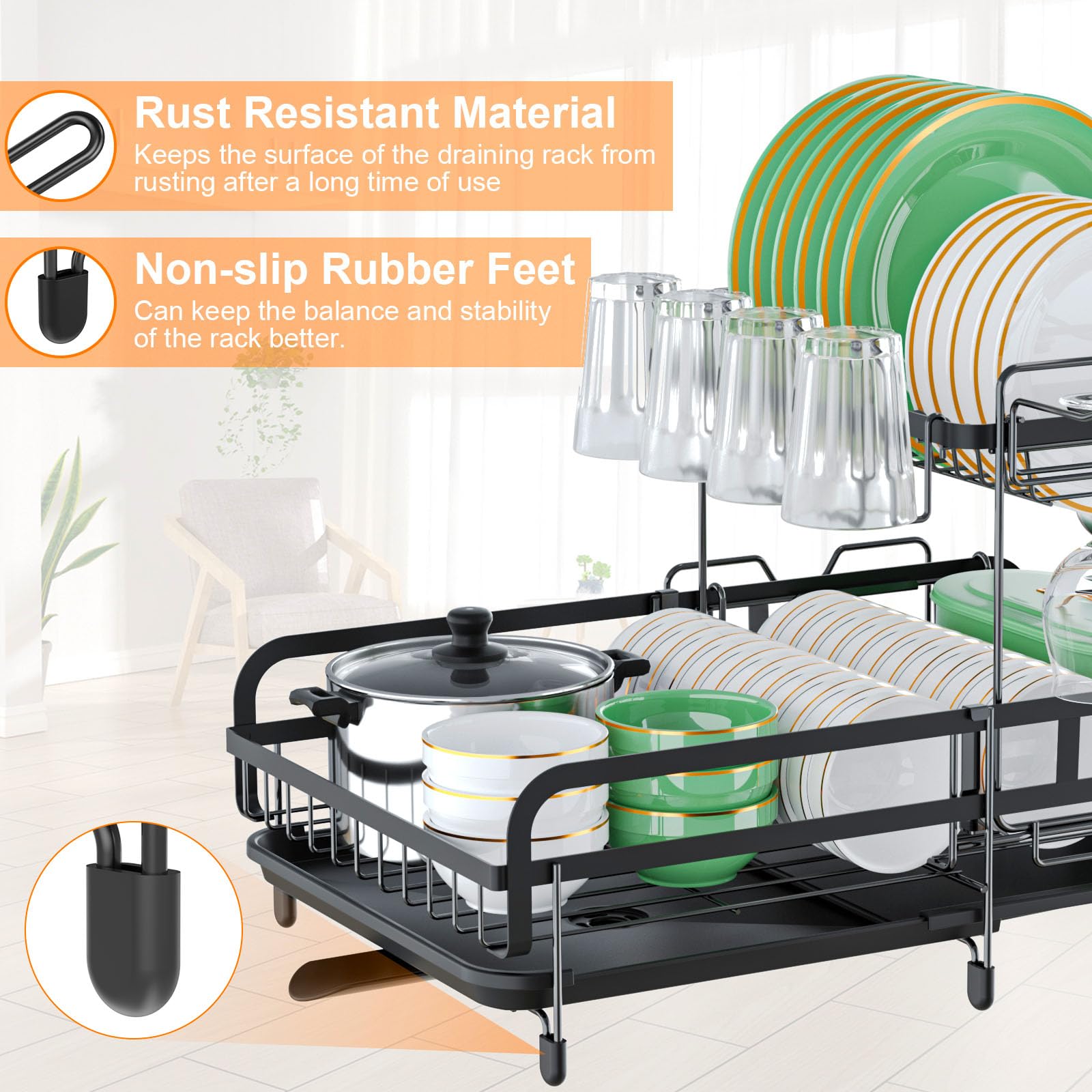 Expandable Dish Drying Rack, 2 Tier Dish Racks for Kitchen Counter Extra Large Capacity Kitchen Dish Drying Rack with Drainboard, Utensil Holder and Swivel Spout Rustproof Dish Dryer Rack, Black