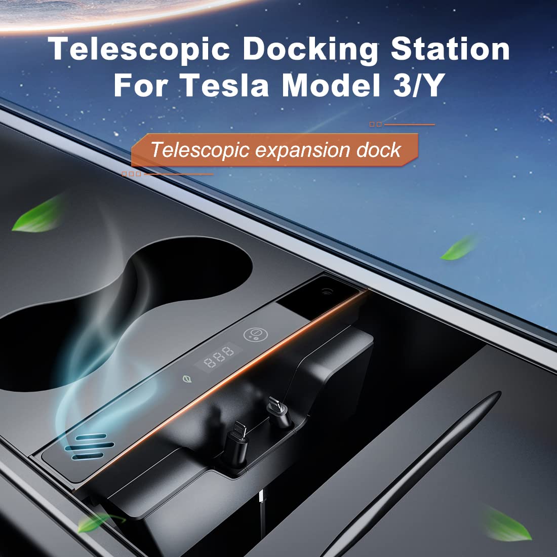 Militwo for 2021 2022 Tesla Model 3/Y Accessories | Tesla USB Hub Fit Center Console Adapter, USB Hub Docking Station with Tyep-c and iPhone Charging Cable Supports Fast Charging Stretchable