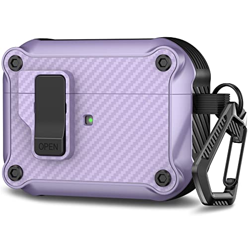 RFUNGUANGO for AirPods Pro 2nd /1st Generation Case Cover, Automatic Pop-up Carbon Fiber Case with Secure Lock Clip, Full Body Shockproof Hard Shell Protective Case for AirPods Pro 2022/2019- Purple
