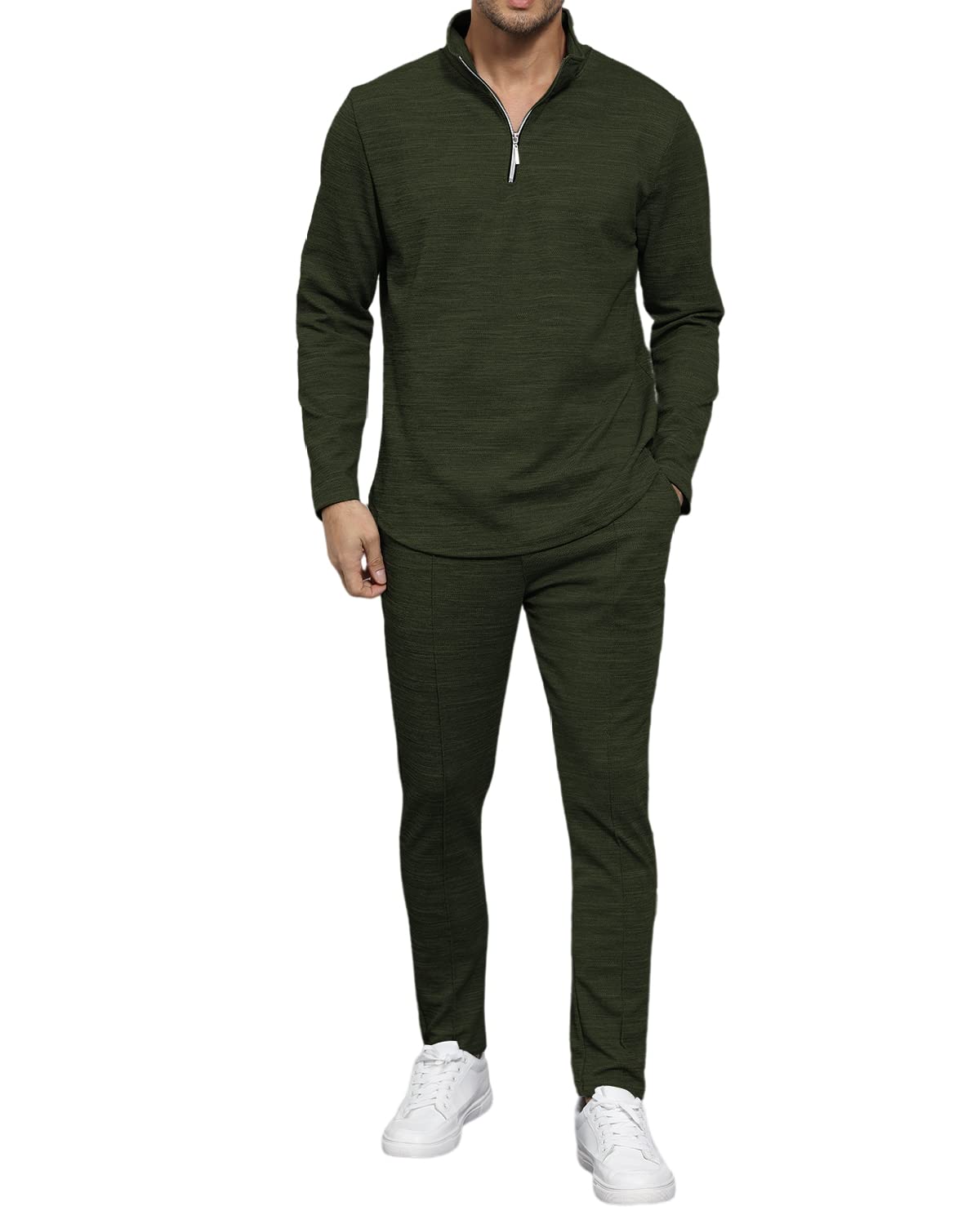 Fashion Men's Tracksuit 2 Piece Athletic Sweatsuits Zip Polo Shirts and Jogging Pants Running Sets Green