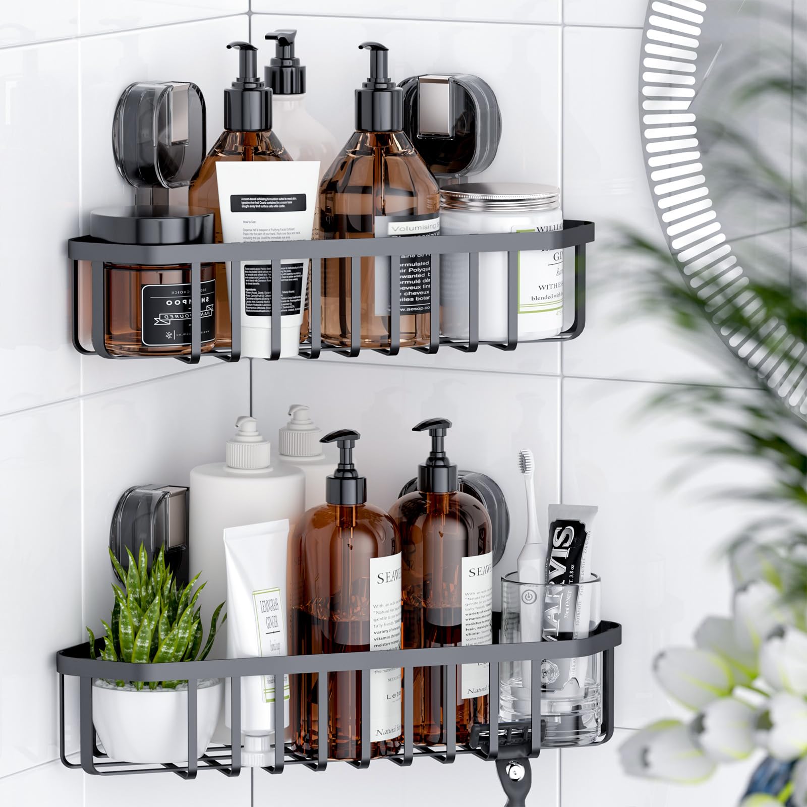 KATIKADDY Suction Cup Shower Corner Caddy 2-Pack, No-Drilling Removable Storage Rack, Large&Small Shower Organizer Shelf, Heavy-Duty Rustproof Accessories Storage Rack, for Apartment Bathroom Dorm RV