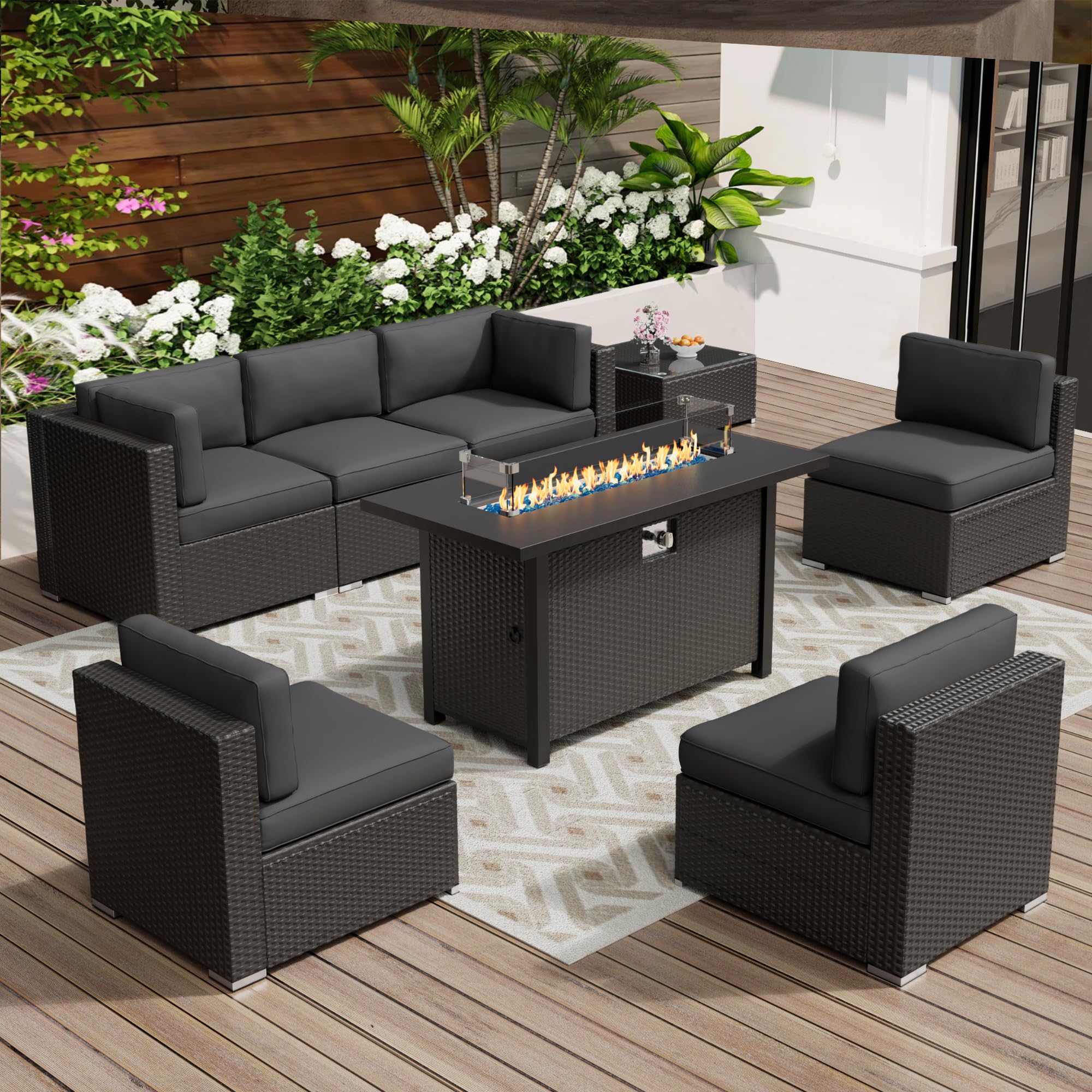 Oakcloud 8-Piece Outdoor Patio Furniture Sofa Set with 45β Propane Gas Fire Pit Table, Black Rattan Wicker Sectional Conversation Sets with Glass Top Table and Cushions(Grey, w/Fire Pit Table)