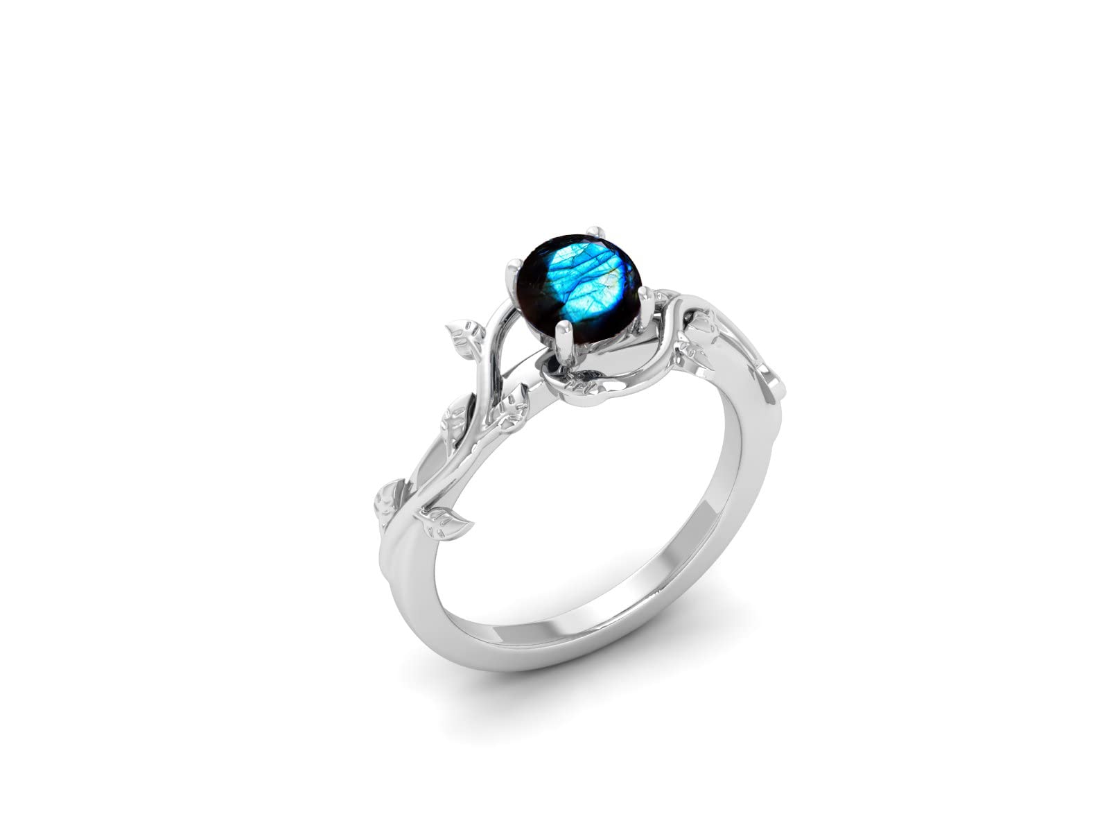Foreverblings Sterling silver 925 Labradorite Ring leafs vine twig ring labradorite round ring promise ring propose ring engagement ring gift for women (12.5)