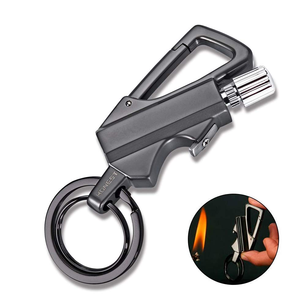 Flint Metal Permanent Match Fire Starter and Bottle Opener Car Keychain Kerosene Fillable Lighter Gift Male Female Outdoor(Kerosene not Include) (Black)