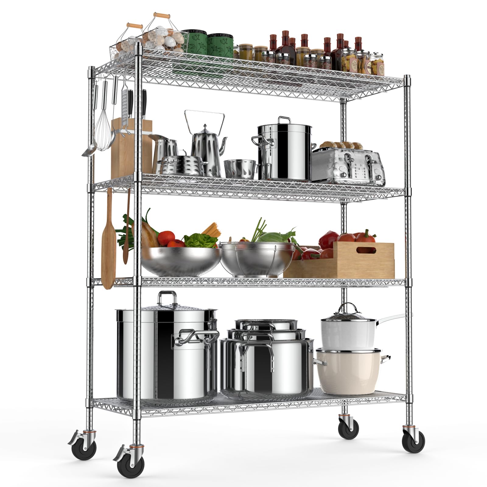 Leteuke Wire Shelving Unit with Wheels, NSF Certified 4 Tier Adjustable Storage Shelves 60"Ă24"Ă72", 2400LBS Heavy Duty Shelving Commercial Grade Metal Storage Utility Rack for Kitchen Garage, Chrome