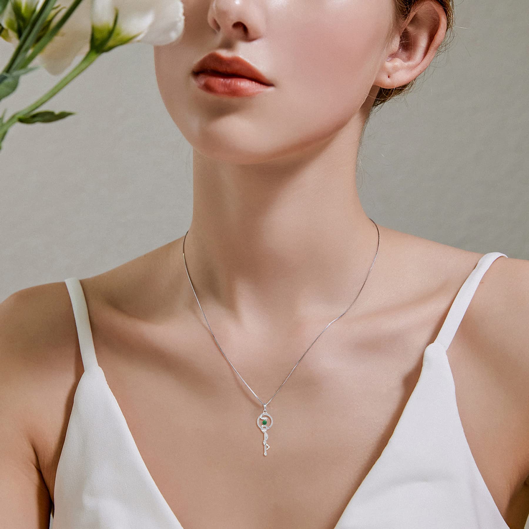FJ Snake Key Pendant Necklace May Emerald Birthstone Women Wicca Jewelry