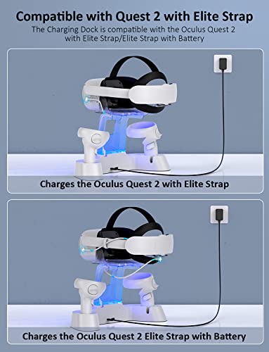 NexiGo Enhanced Charging Dock with LED Light [On/Off] for Oculus Quest 2, [Support Elite Strap with Battery], Headset Display Holder and Controller Mount, 2 Rechargeable Batteries, USB-C Charger