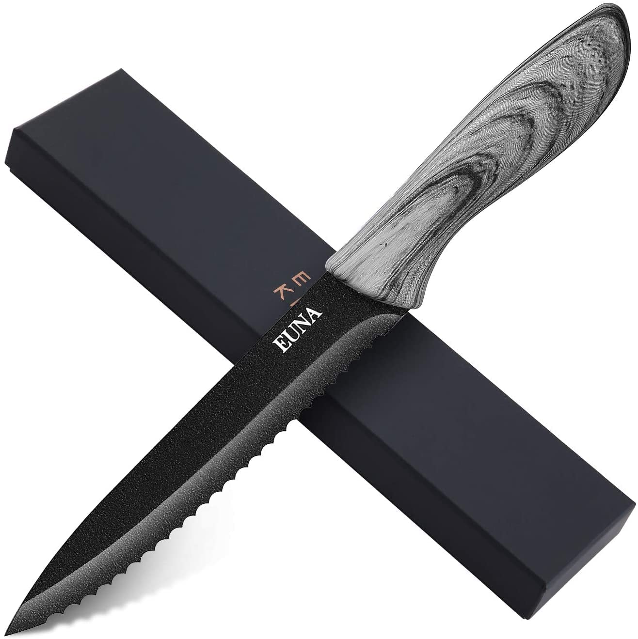 EUNA 5 Inch Bread Knife Ultra Sharp, Kitchen Knife with Sheath & Gift Box, Japanese Chef Knife for Multipurpose Cooking Professional, with PP Non-slip Handle & Non-sticking coating