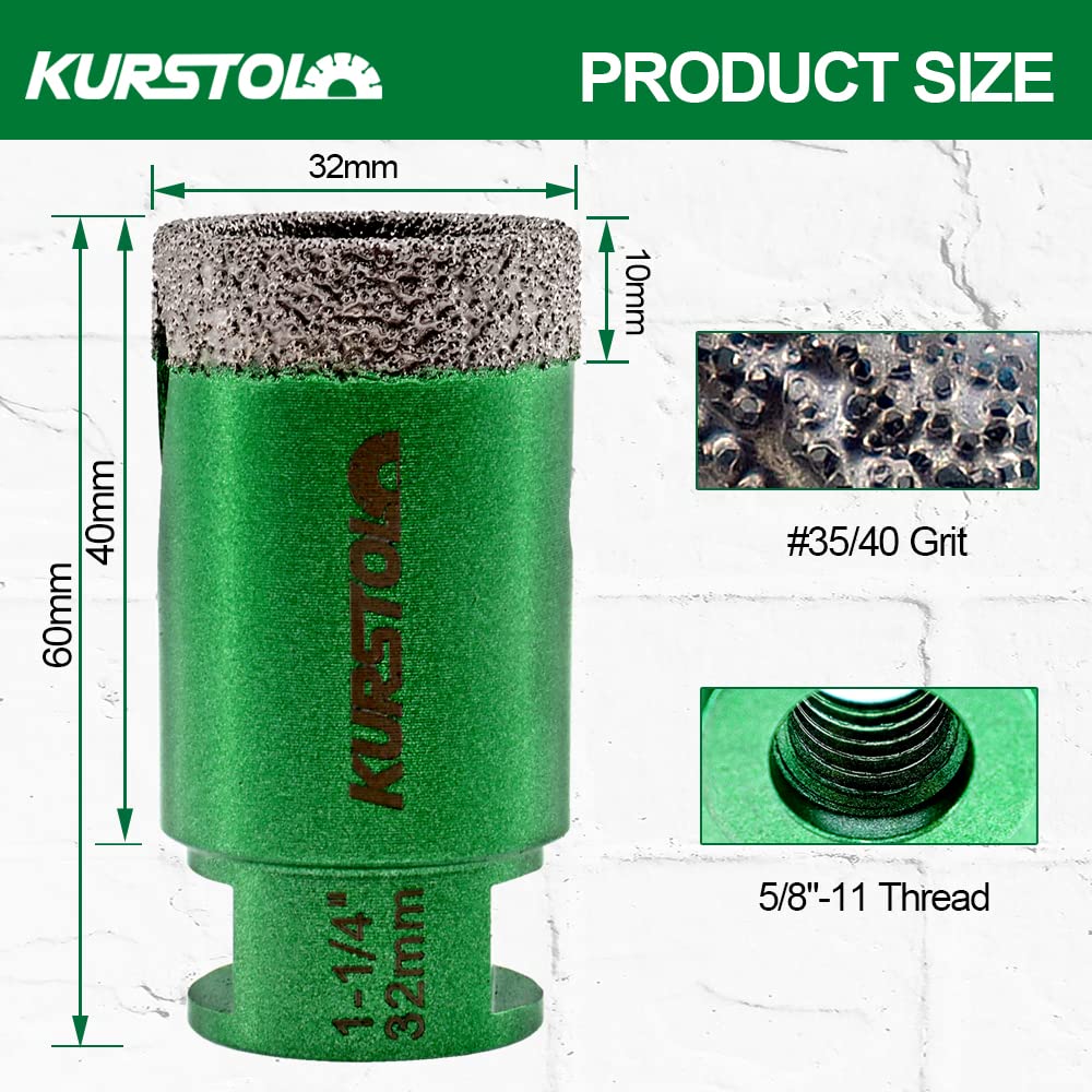 KURSTOL Diamond Core Drill Bits - 1-1/4 Inch with 58-11 Thread Dry Tile Hole Saws for Dry Drilling Porcelain Ceramic Tile Granite Marble Stone Vacuum Brazed Diamond Drill Bit 32mm