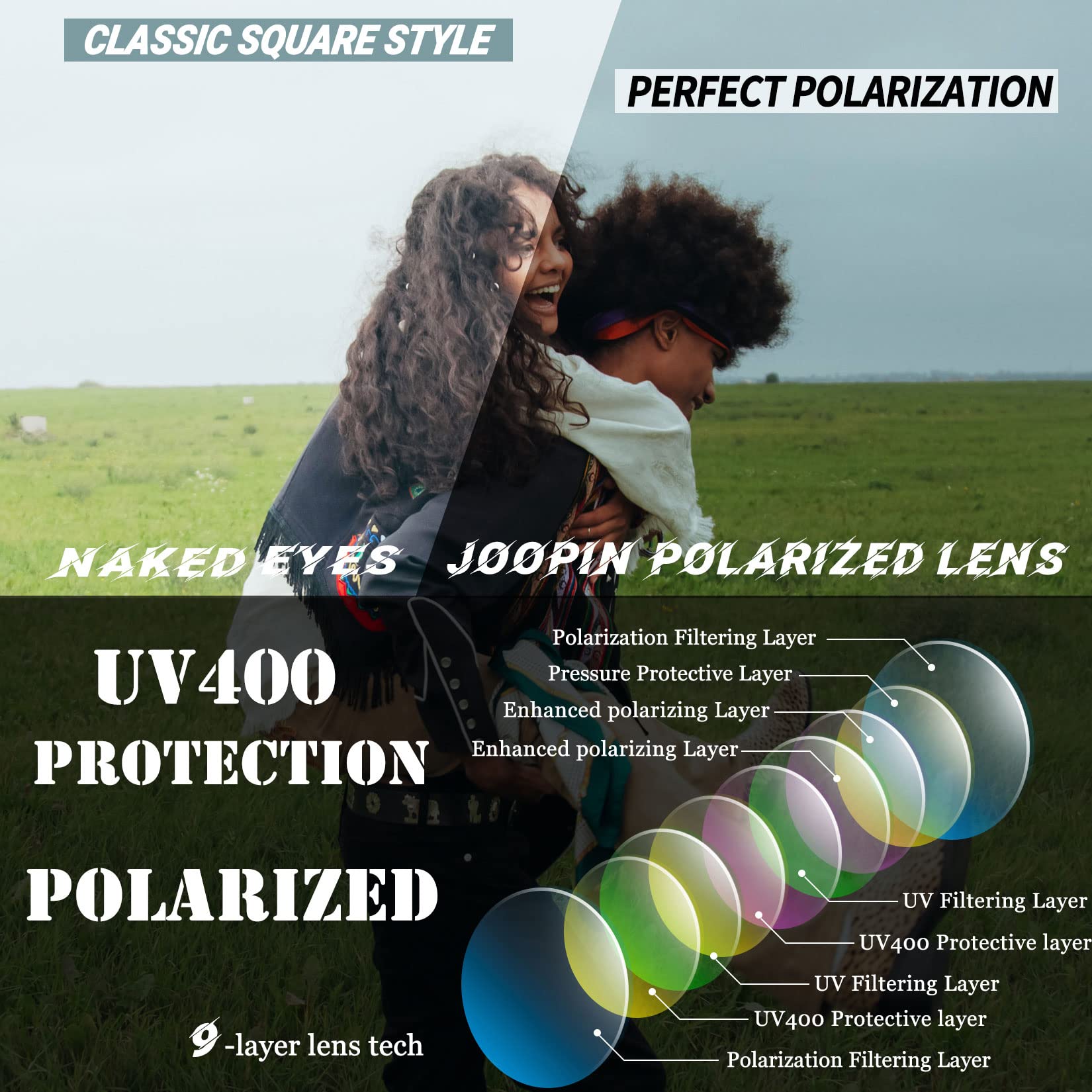 Joopin Oversized Square Sunglasses Polarized Sun Glasses UV400 Clear Frame Shades for Women Men Trendy Mirrored Sunnies (Pink + Blue + Purple)