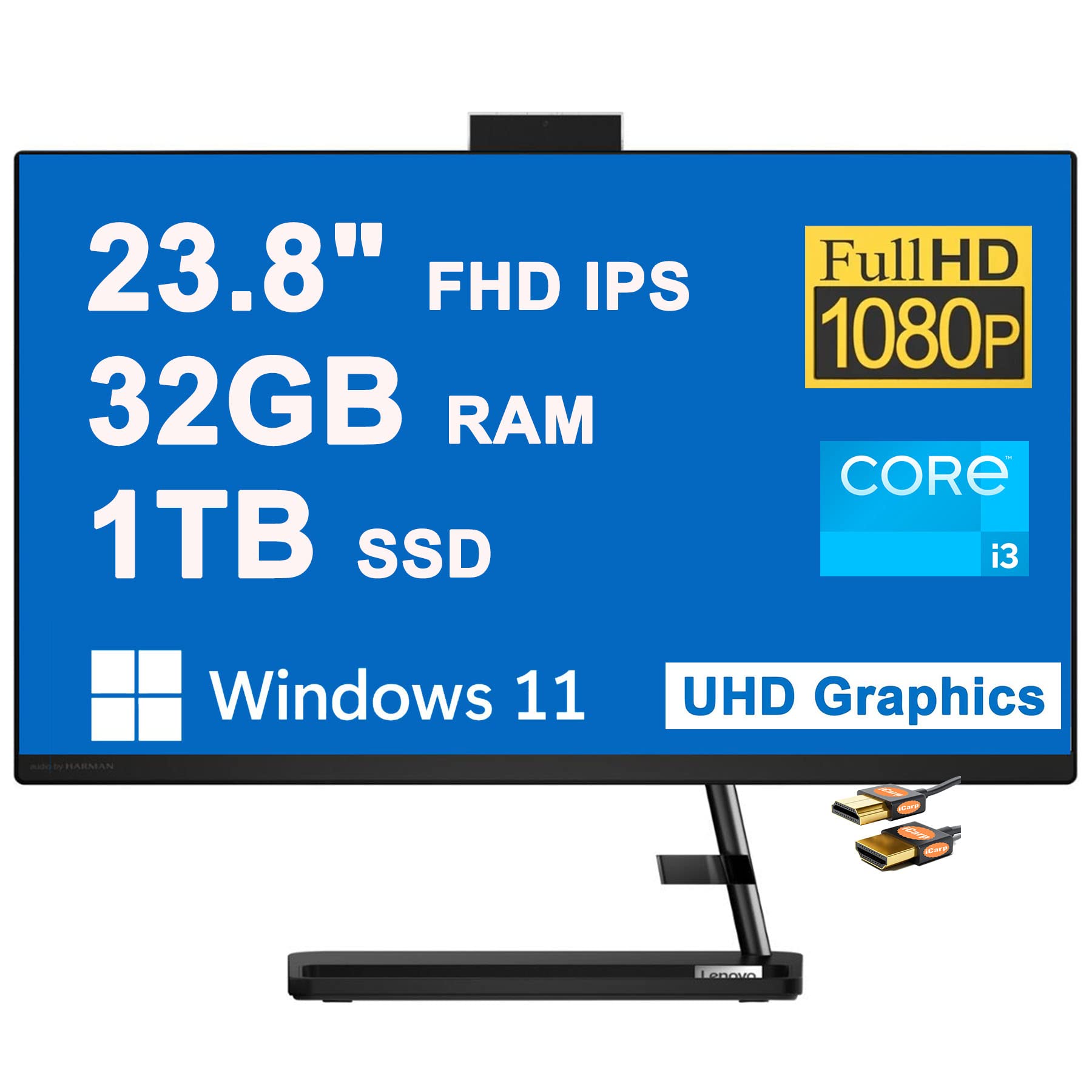 Lenovo IdeaCentre AIO 3i AIO Desktop 23.8" FHD IPS Anti-Glare Display 11th Generation Intel i3-1115G4 Processor 8GB RAM 512GB SSD Intel UHD Graphics Harman Kardon Win11 Black + HDMI Cable