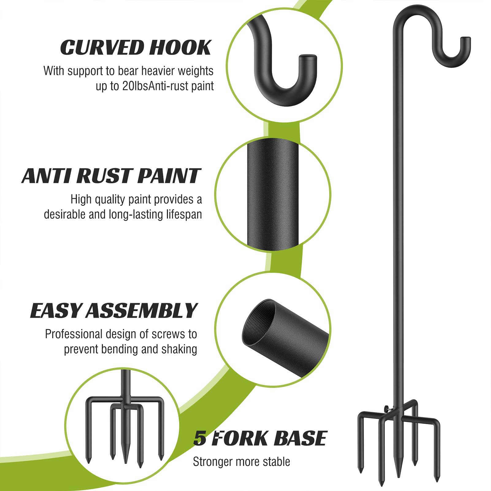 Forlogic Bird Feeder Pole 76 Inches Shepherd Hooks for Outdoor, Heavy Duty Bird Feeder Pole for Garden Decor, Black Shepherd Stand for Plant Baskets Wind Chime with 5 Base Prongs