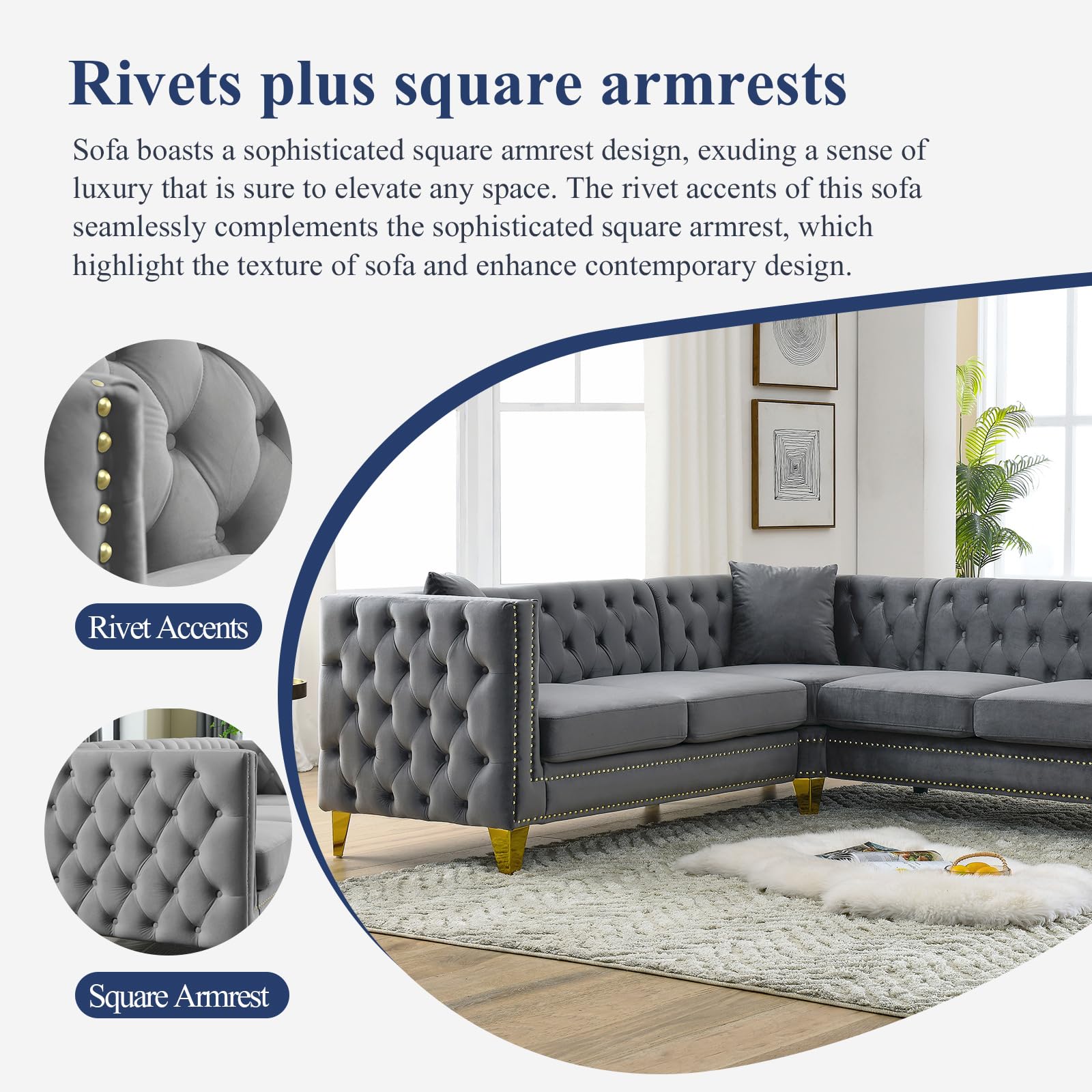 Rumiiro Velvet Corner Sofa, 82.2'' Comfy L-Shaped Sofa, Modern 5 Seater Sectional Couch with Button Tufted Back, Soft Plush Upholstered Couch for Living Room Bedroom Apartment Office(Gray)
