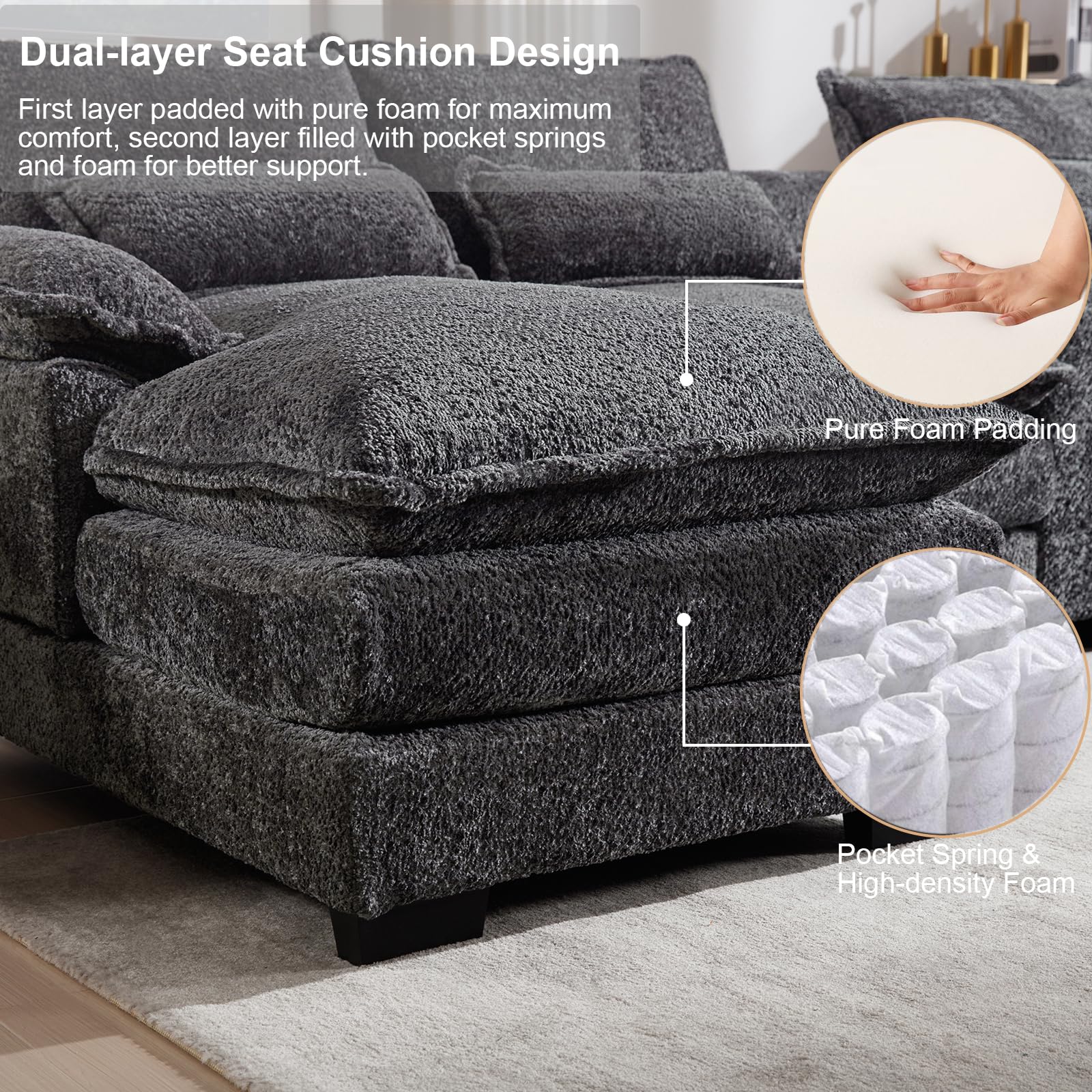KIVENJAJA 123β Modular Sectional Couch with Console, Cup Holders and USB Ports, Modern U-Shaped Cloud Sofa w/Double Chaise & Deep Seat for Living Room, Chenille, Grey