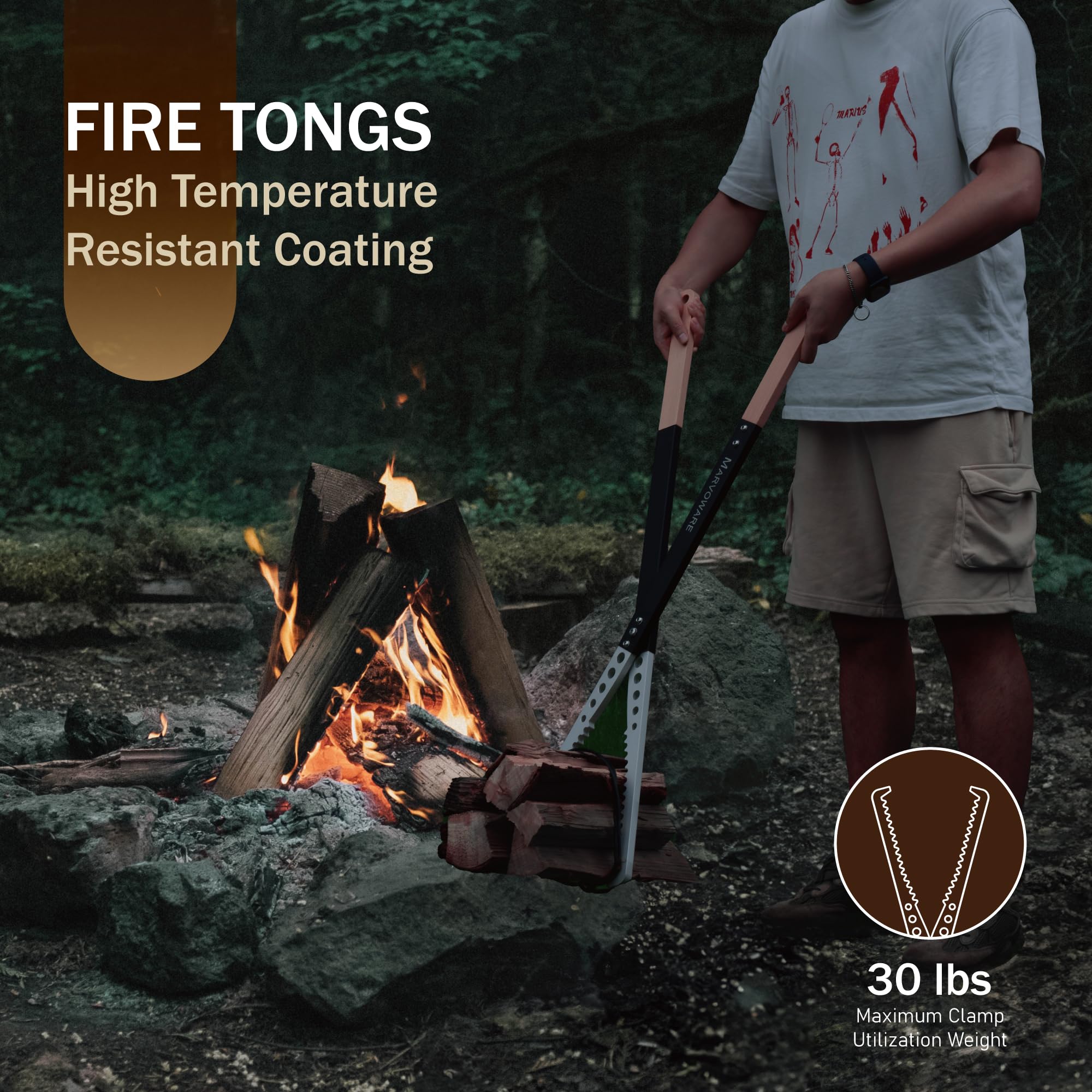 Heavy Duty Fire Tong and Fire Poker Set with Wood Insulation Handle Fireplace Poker Grabber with Blow, firewood Grabber Tool for Wood-Burning Fire Pit or Fireplace Suitable for Solo Firepit