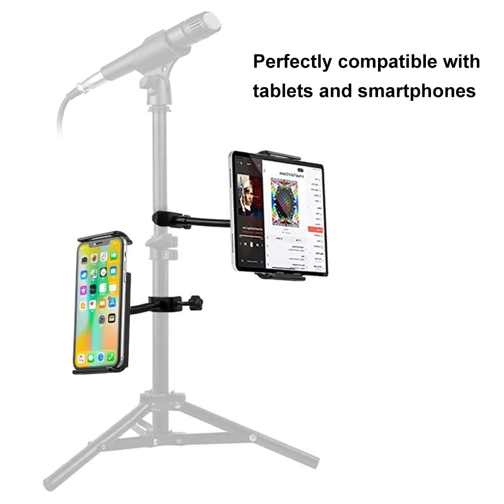 JCWINY Tablet Holder for Mic Stand, Flexible iPad Mic Music Stand Holder Smartphone Tablet Mount for Mic Stand Tripod for Sheet Music Fits iPad, iPhone, Android, All 4.7 to 12.9inch Screen Size