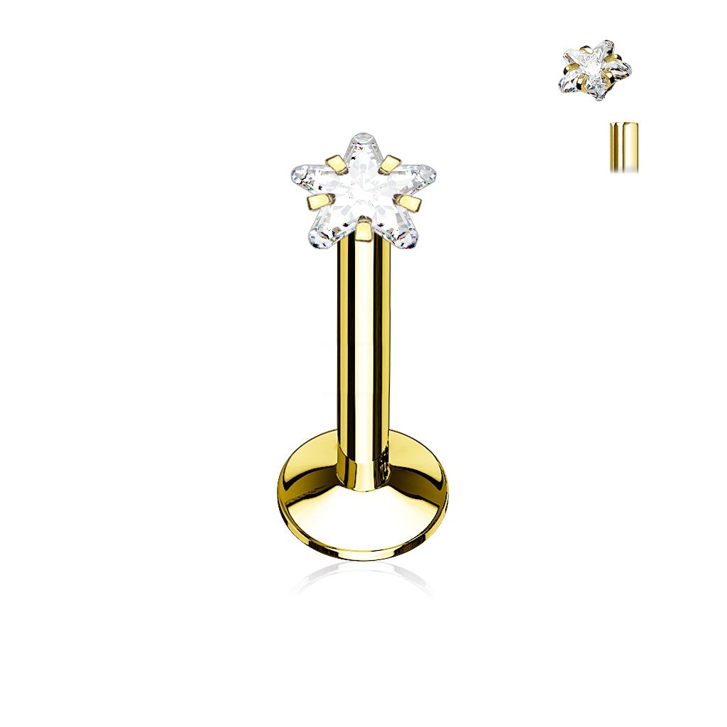 FIFTH CUE Star CZ Prong Set PVD Over All 316L Internally Threaded Labret Monroe Cartilage Stud Ring Surgical Steel Gold 1/4" (6mm)
