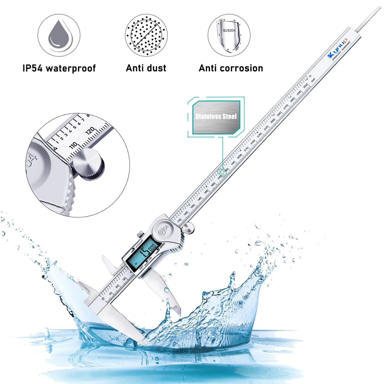Kynup 0-12 Inch Digital Caliper, Calipers Measuring Tool with IP54 Waterproof Protection, Stainless Steel Design (150/300mm)