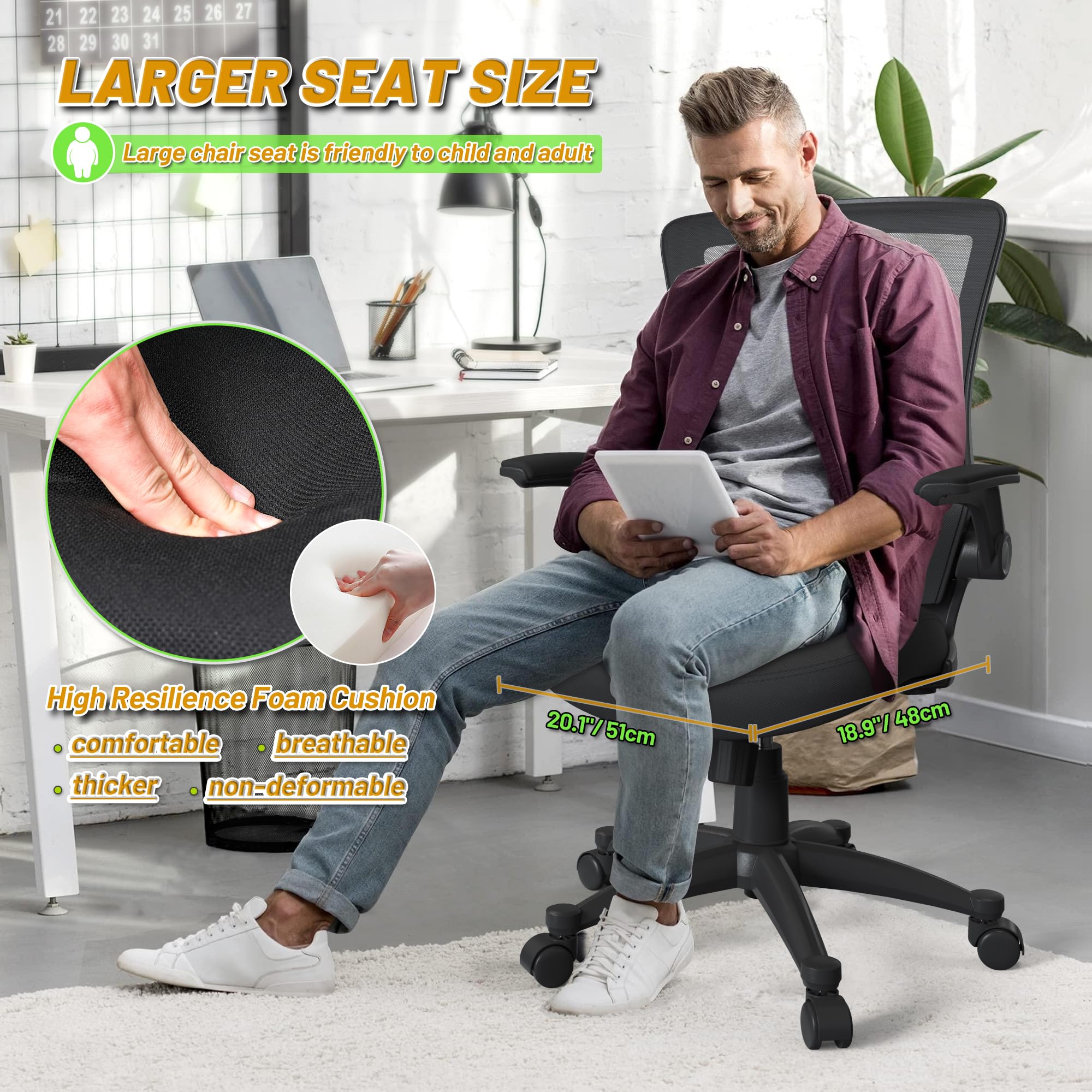 KIZECK Mesh Office Task Study Home Desk Computer Chair with Back Support Flip up Armrest for All People