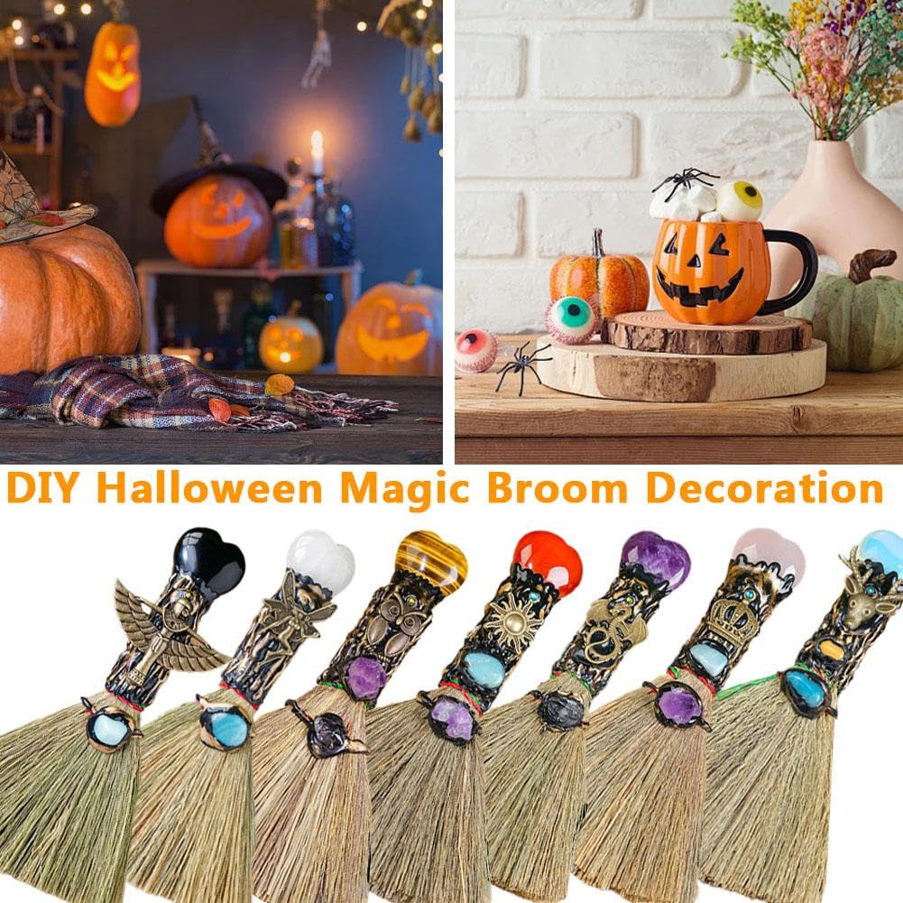 JHIALG Witch Broom Crystal Witch Wiccan Altar Broom, Halloween Hanging Props Cosplay Broomstick, Handmade Reiki Broomstick for Cleansing Healing Fengshui