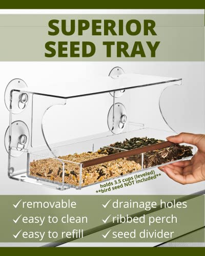 Nature's Envoy Window Bird Feeder β Clear View for Birdwatching - Strong Suction Cups for Outside - Slide Out Seed Tray w/Drain Holes for Easy Refill & Clean - Acrylic Outdoor Feeder for Wild Birds