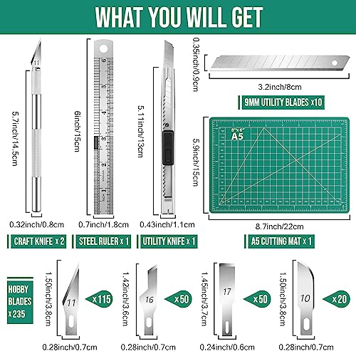 DIYSELF 250 Pcs Exacto Knife, Craft Knife, Hobby Knife, Precision Knife, Exacto Knife for Crafts, Modeling, Scrapbooking, 2 Exacto Knives with Extra 235 Exacto Blades (#11#10#16#17)