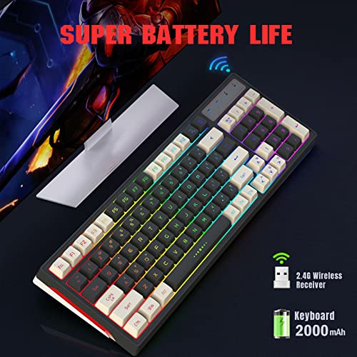 Jopwkuin 2.4G Wireless Gaming Keyboard, Ergonomic Design 96 Keys Gaming Keyboard 2.4G Wireless Floating Keycaps for Gaming(L900 Gray White Wireless Keyboard)