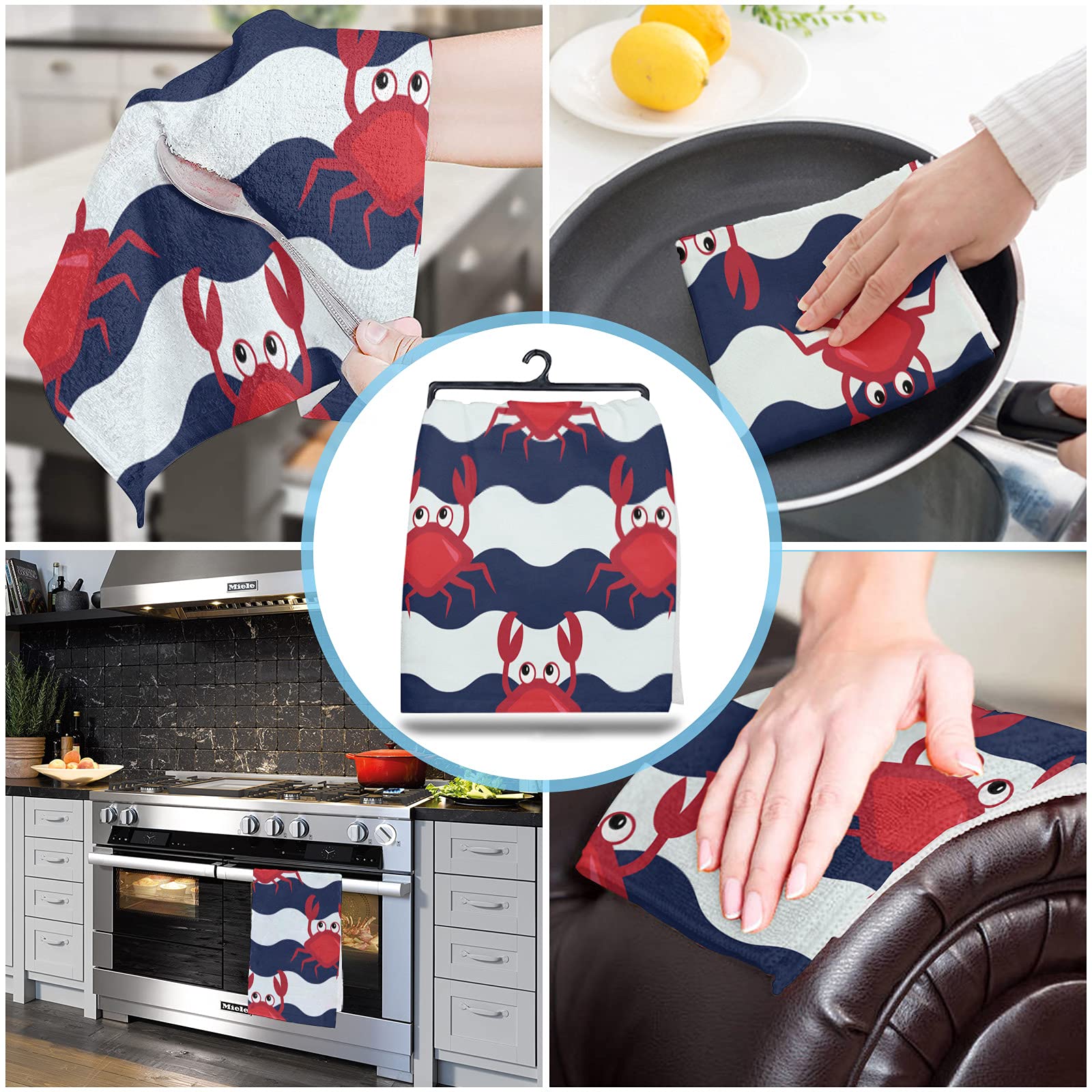 Kitchen Dish Towels 2 Pack-Super Absorbent Soft Microfiber,Cartoon Crab on Stripes Cleaning Dishcloth Hand Towels Tea Towels for Kitchen Bathroom Bar