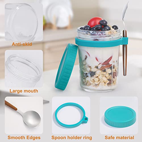 Overnight Oats Jars with Lid and Spoon Set of 2,10 oz Multiple Use Large Capacity Airtight Seal Oatmeal Container with Measurement Marks, Mason Jars with Lid, Grey and Turquoise