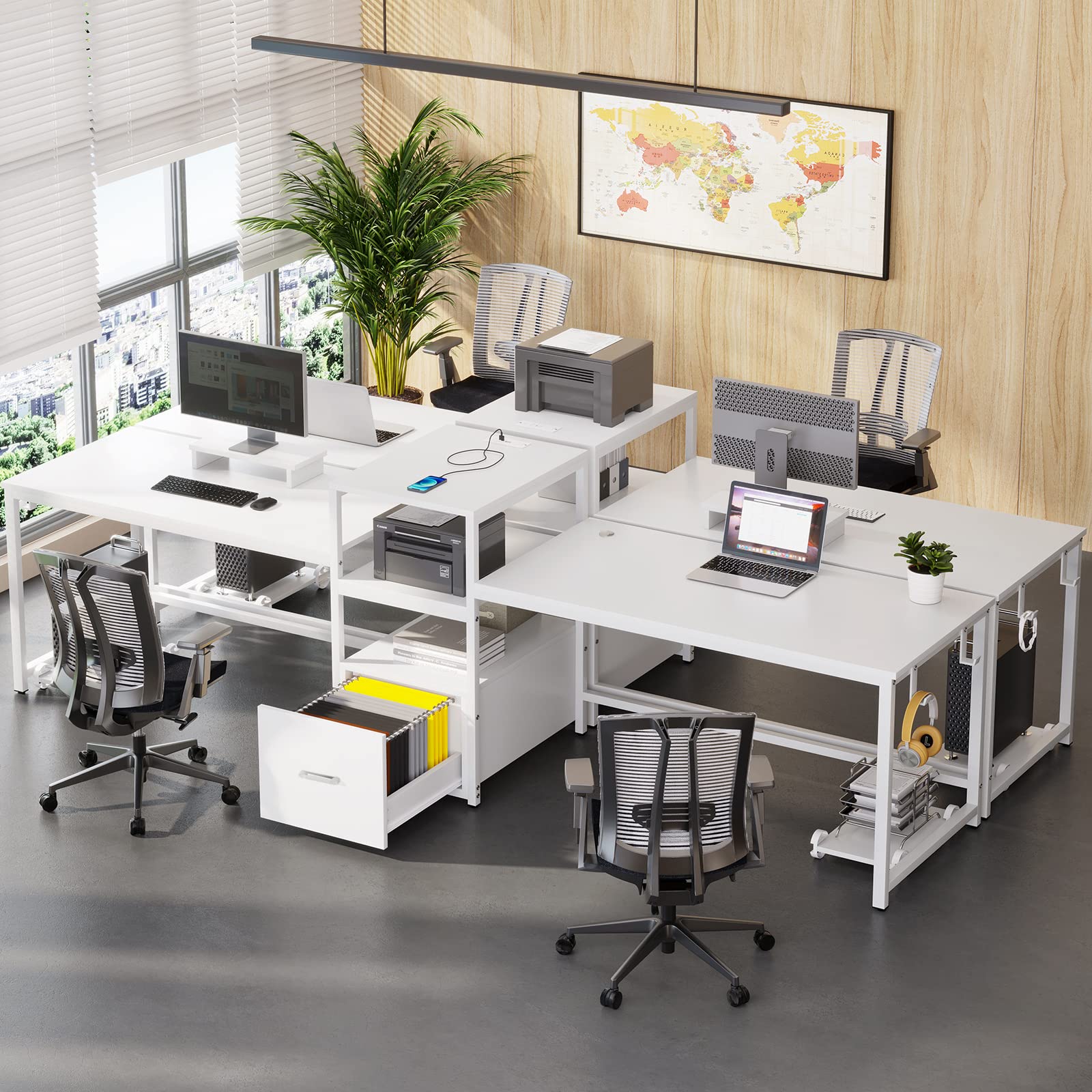 SEDETA 98" Home Office Desk, White Computer Desk with Letter/A4 File Drawer & Power Strip with USB, 2 Person Long Desk with Storage, Printer Shelf & Monitor Stand for Home Office, White