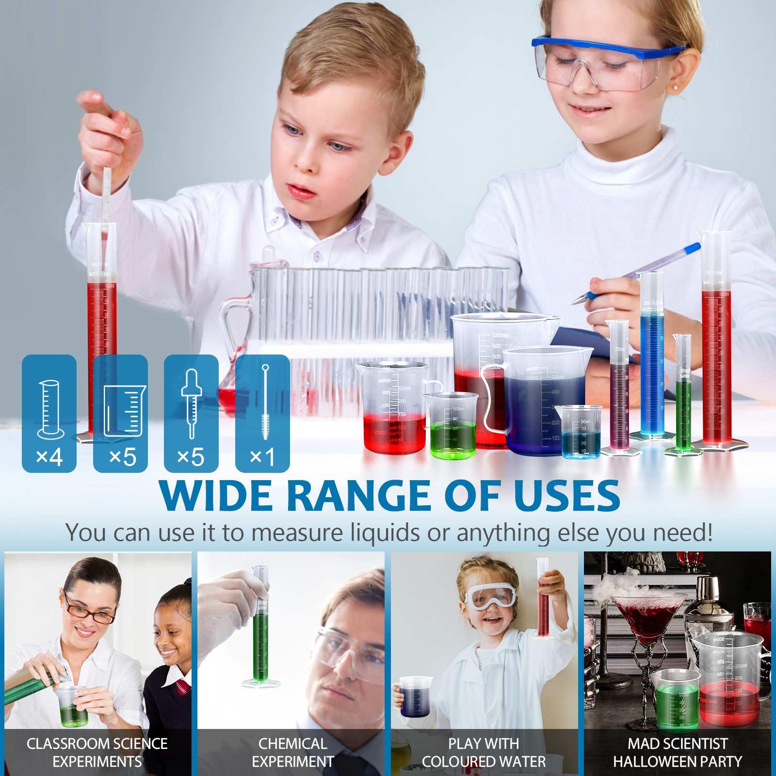 moveland Upgraded Plastic Graduated Cylinder and Plastic Beakers Set - Graduated Cylinder 10ml 25ml 50ml 100ml, Beakers 50ml 100ml 250ml 500ml 1000ml, 5 Pcs Pipettes, Ideal for DIY and Science Lab