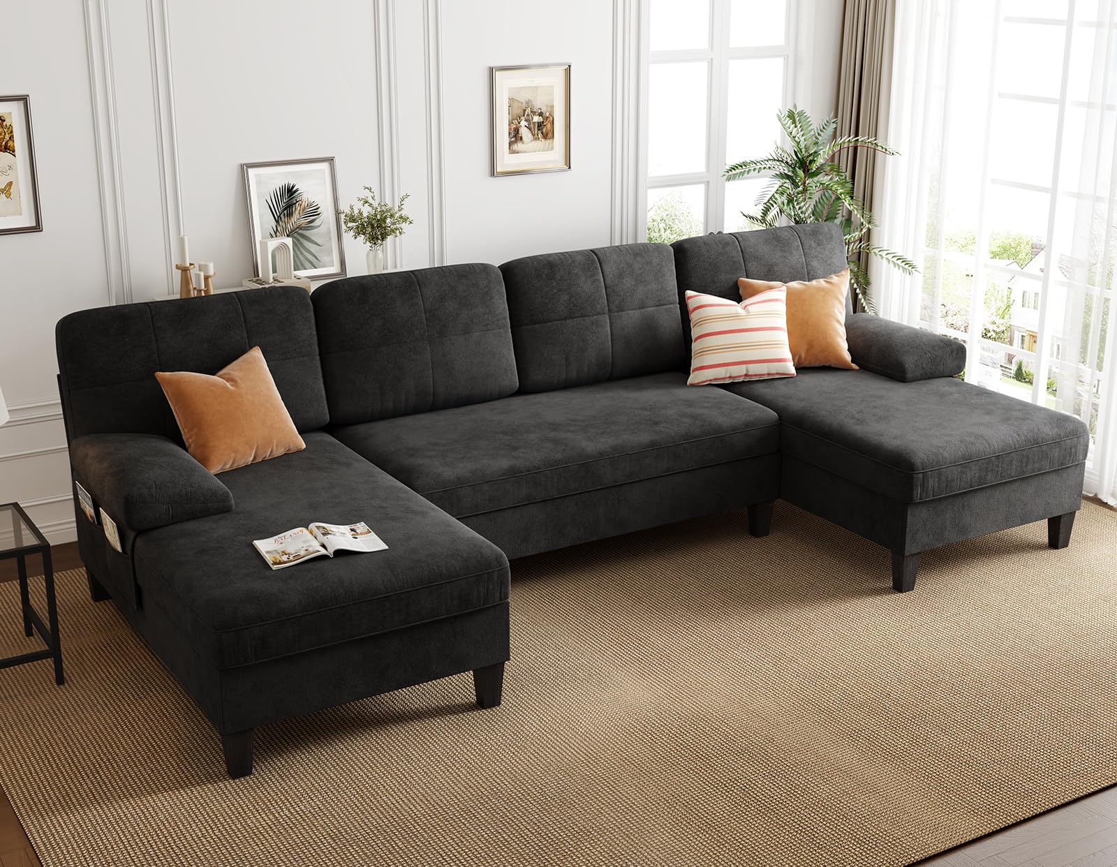 KKL Convertible Sectional Sofa Couch, Couch with Double Chaise, 100 Inch U Shaped Modern Modular Sofa, 4 Seat Sofa Set for Living Room, Chenille, Black