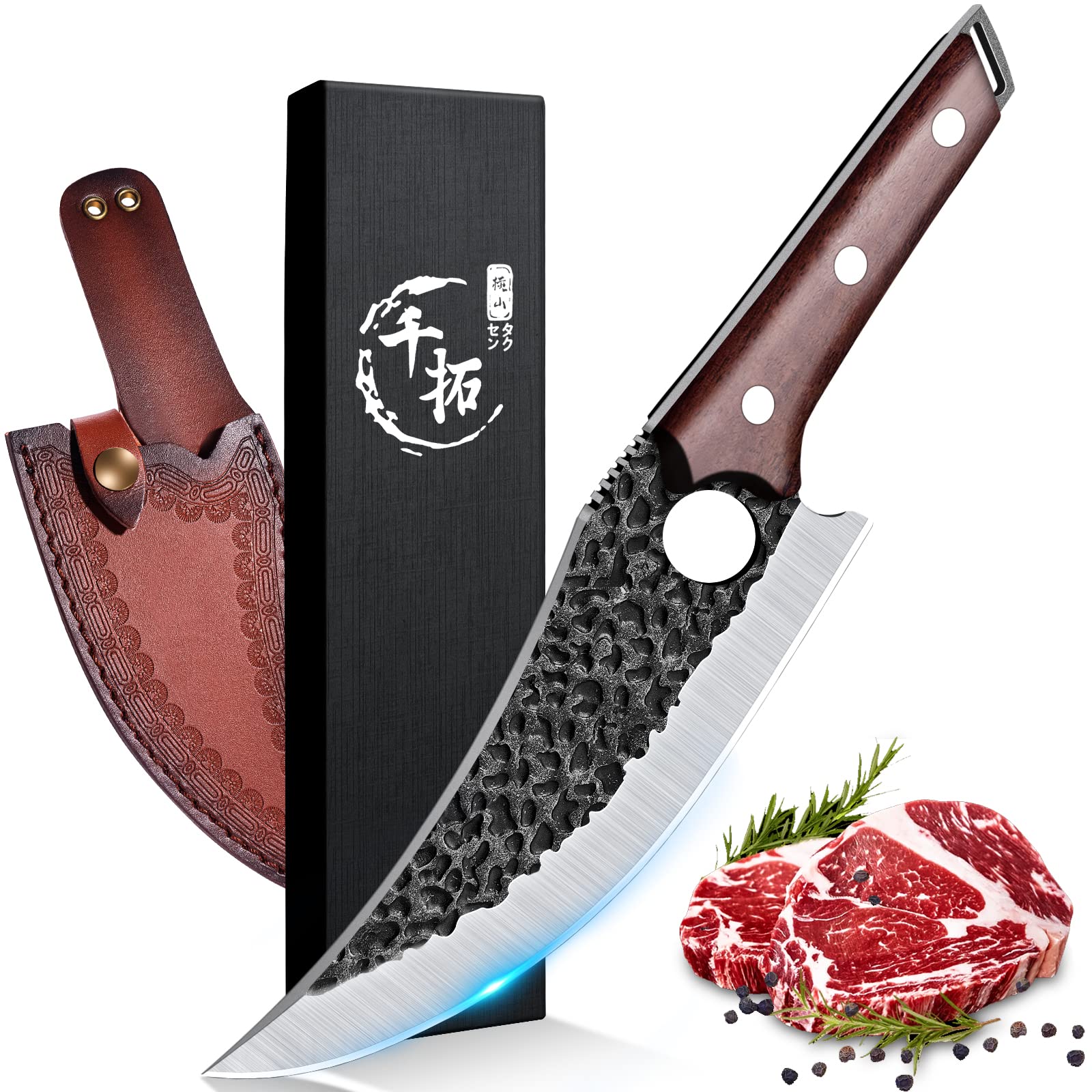 WUELY Boning Knife for Meat Cutting,Viking knife,Handmade Japanese Chef Knife,Forged Meat Cleaver knife,Camping Knife with Sheath,Multipurpose for Kitchen,Hunting