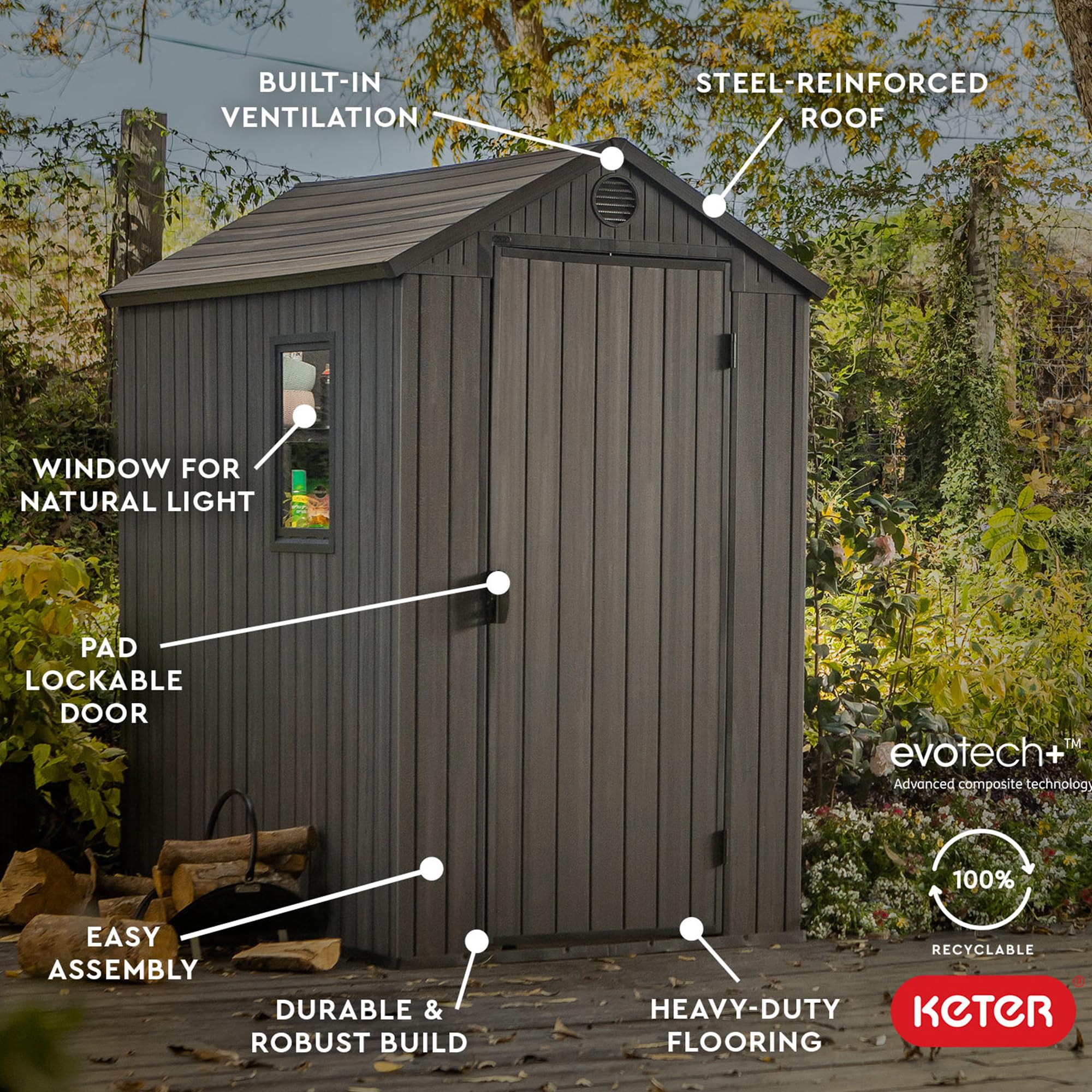 Keter Darwin 4 x 6 Foot Outdoor Garden Tool Storage Shed Backyard Utility Organizer Bundled with 40 Inch Steel Shelving Kit, Graphite Gray