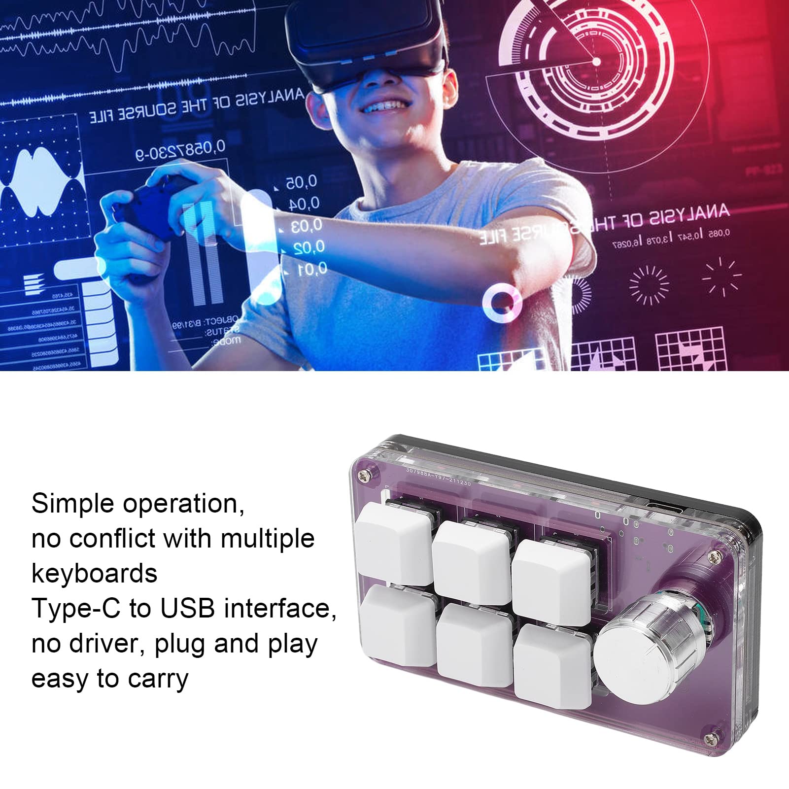 Jopwkuin Mini Gaming Keyboard, Plug and Play One Handed Mechanical Gaming Keyboard with Knob for Games for Office