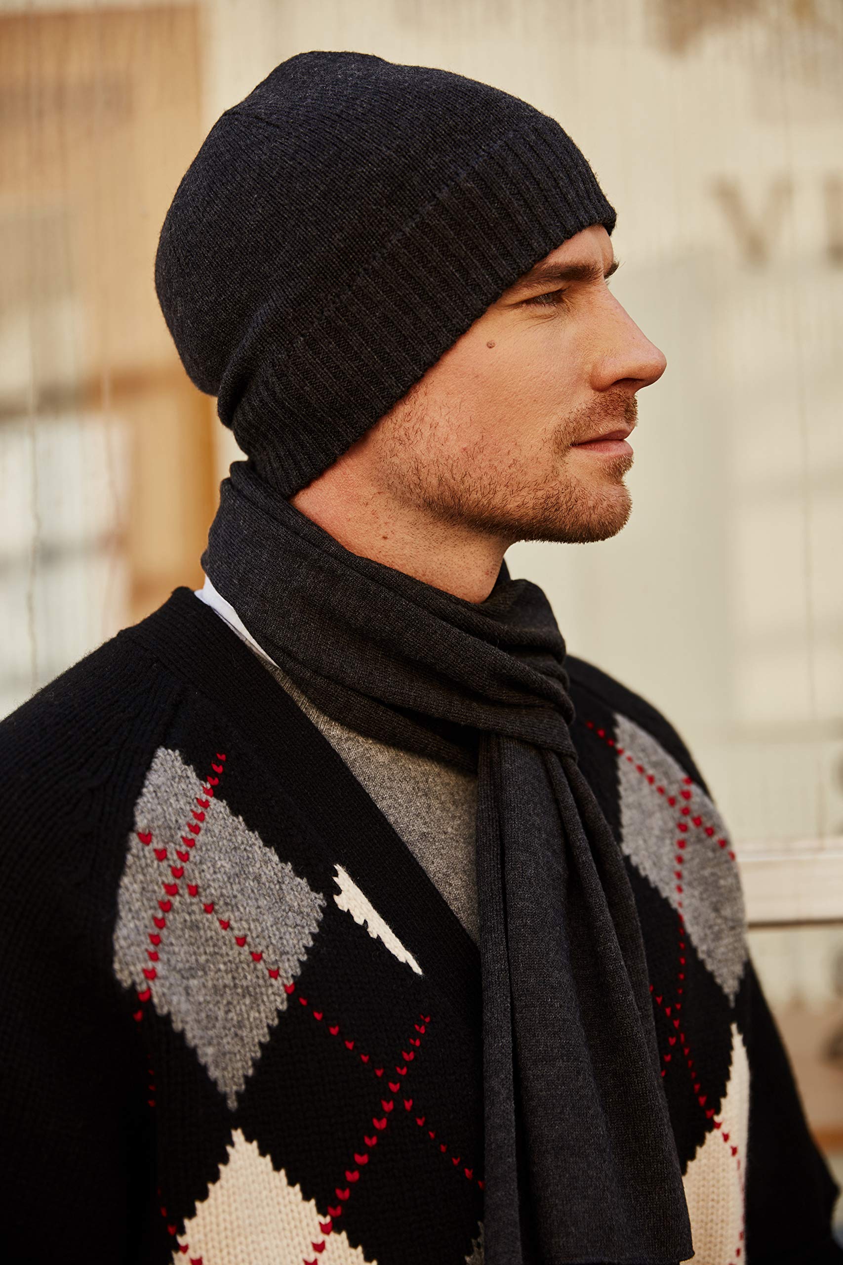 EURKEA Men's 100% Merino Wool Scarf, Beanie Hat Gift Box Set Charcoal