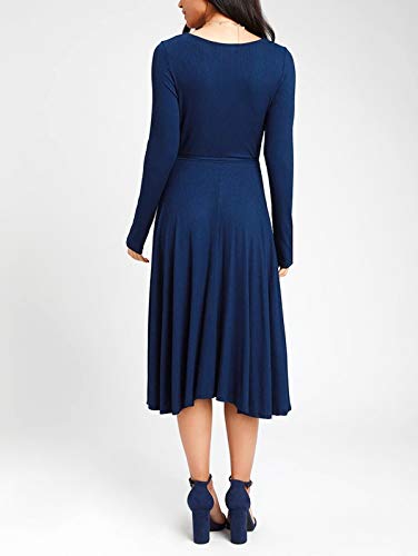 R.Vivimos Women Spring Autumn Long Sleeve Sweater Knitted Slim Elastic V Neck Sexy Midi Wrap Dresses (Large, Navy Blue)