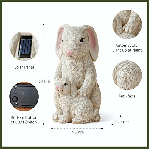 LA JOLIE MUSE Garden Statue Bunny Decor- Mom & Baby Rabbit Figurine with Solar Color Changing LED Lights for Outdoor Indoor, Patio Yard Lawn Ornament, Gifts for Mom