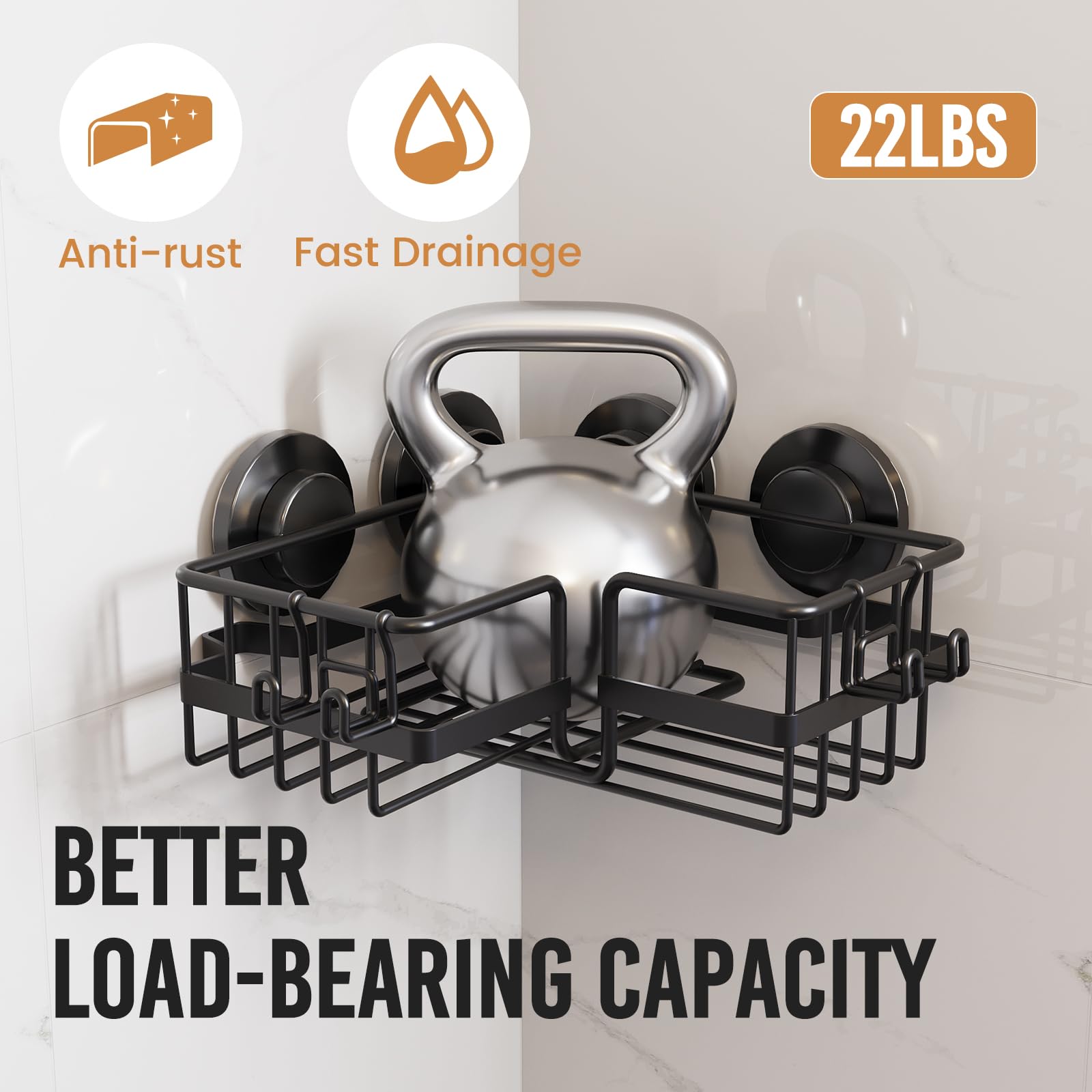 LEVERLOC Angle-adaptive Suction Cup Shower Caddy with Hooks, Heavy Duty Stainless Steel Shower Basket Organizer for Bathroom, Drill-Free Removable Rustproof Shower Rack, Black, 2 Pack