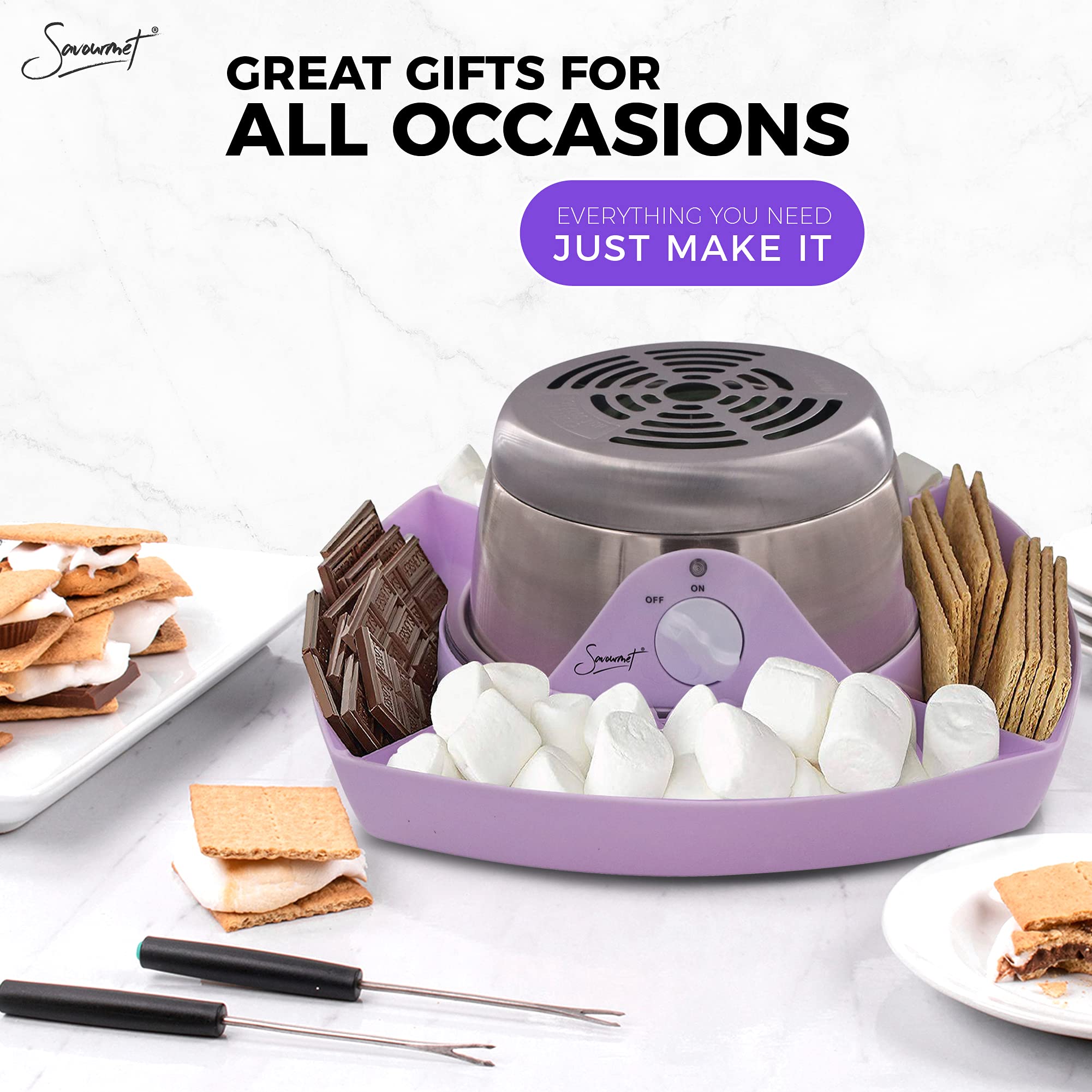 Flame less Smores Maker, Electric Stainless Steel Smores Maker Tabletop Indoor with 4 Roasting Forks and 4 Compartment Trays for Chocolate, Marshmallows and Graham Crackers