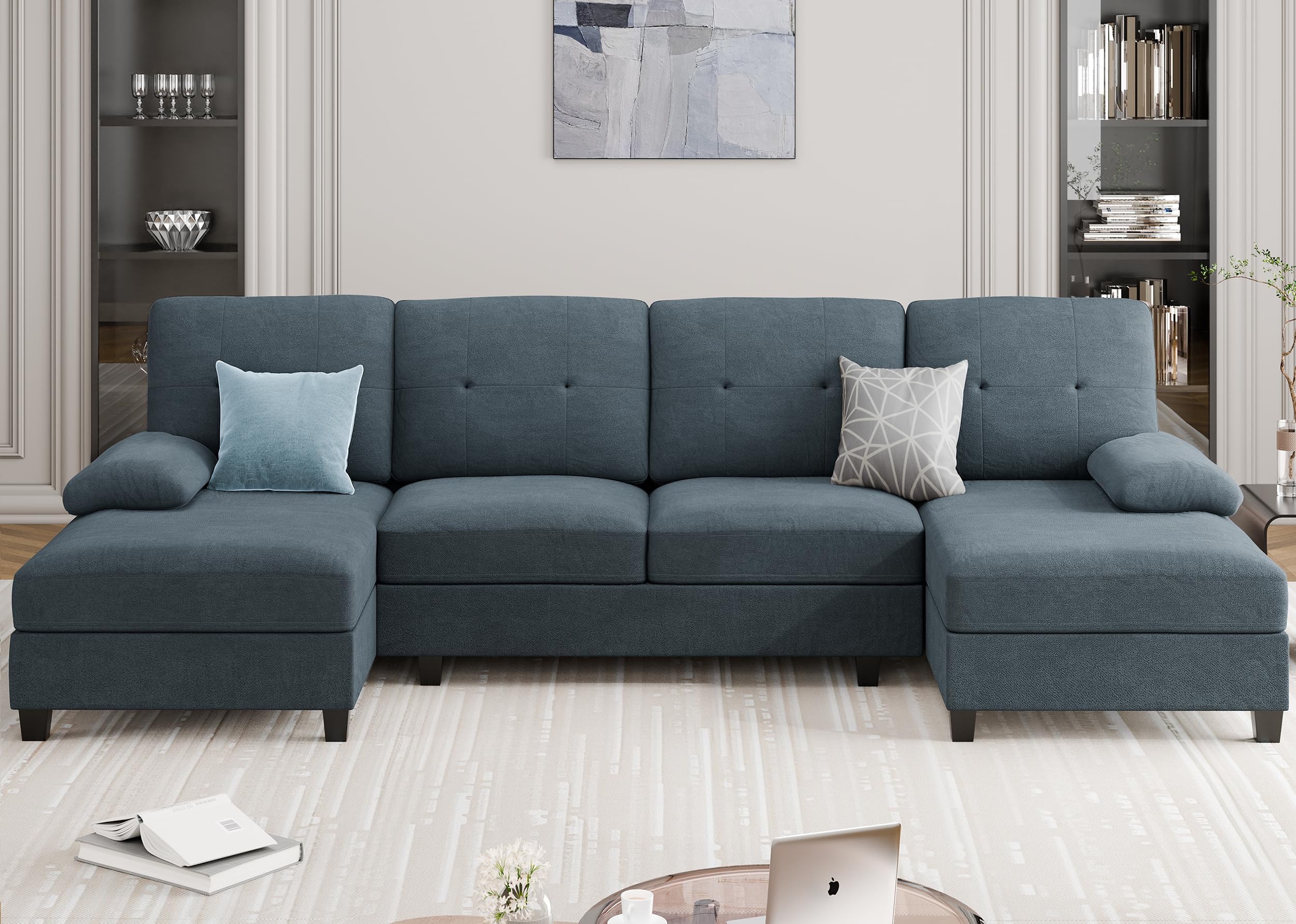 Meilocar Sectional Couches for Living Room, 4 Seat Sofa Set U-Shaped Couch with Double Wide Chaise, 106in Sofa Modern Fabric Large Couch with Oversized Seats (Grey)
