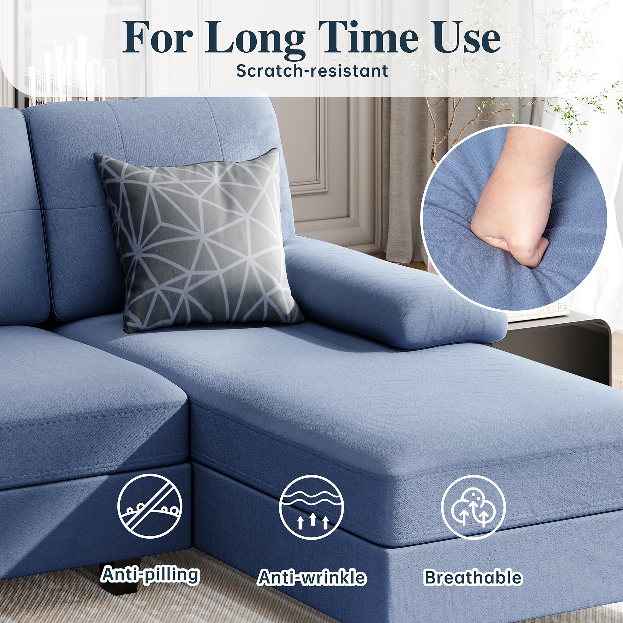 Meilocar Sectional Couches for Living Room, 4 Seat Sofa Set U Shaped Couch with Wide Double Chaise, 106in Modern Sofa Fabric Large Couch with Oversized Seats (Blue)