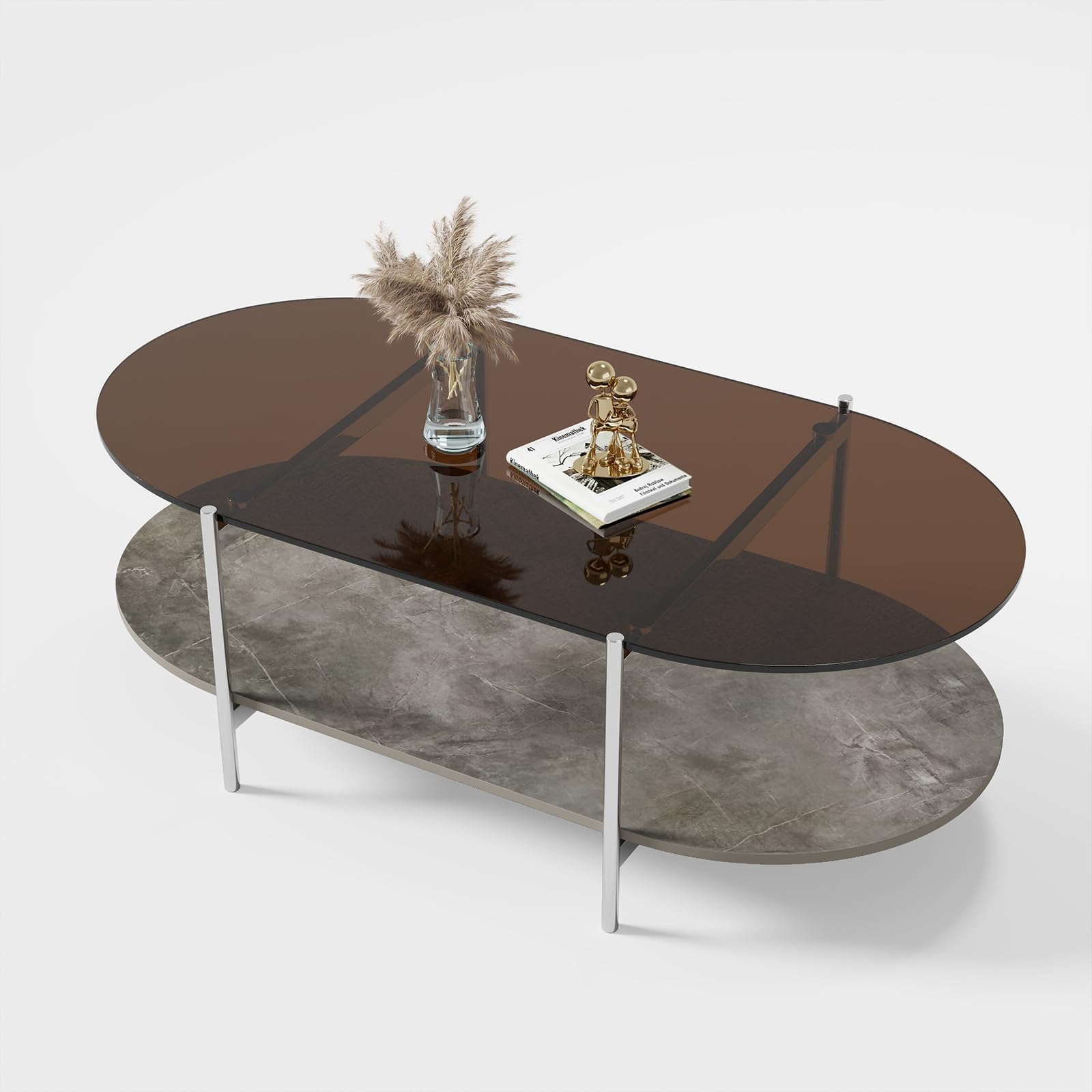 jiexi Tempered Glass & MDF Wood Coffee Table, 2-Tier Modern Side Table with Storage Space, Center Table for Home, Office, Living Room