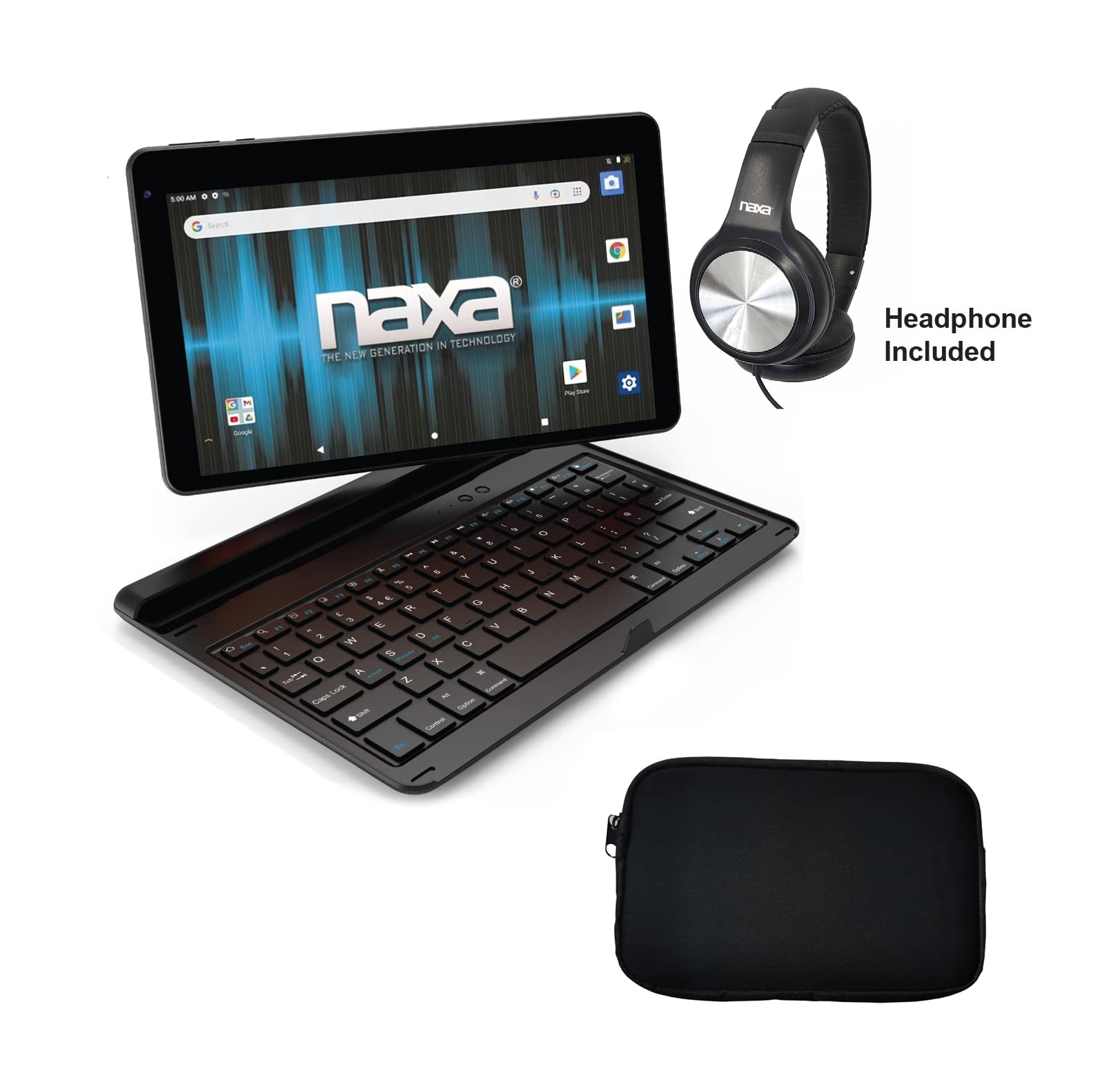 Naxa NID-1070 2-in-1 Core Android 11 Tablet with 10.1” HD IPS Screen and Bluetooth Keyboard Combo, 1.8GHz Quad Core Processor, 2GB RAM, 32GB Storage, Front & Rear Cameras, Speaker, & Microphone, Black
